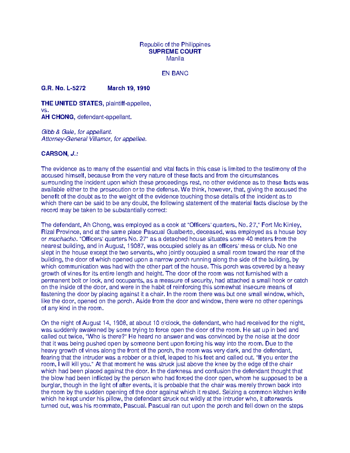 US vs. Ah Chong - Republic of the Philippines SUPREME COURT Manila EN ...