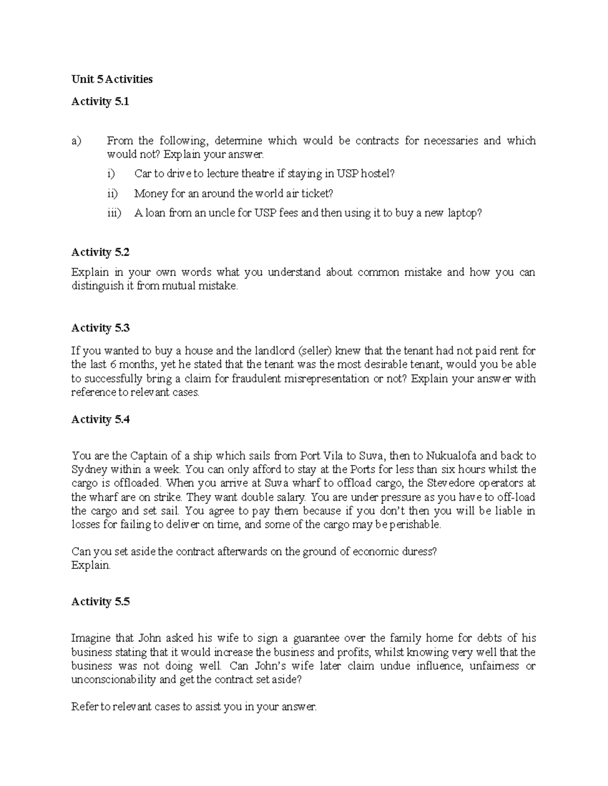 Unit 5 Activities - note - Unit 5 Activities Activity 5. a) From the ...