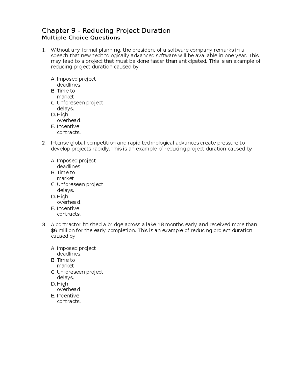 Chap 9 - Project management - Chapter 9 - Reducing Project Duration Multiple Choice Questions ...