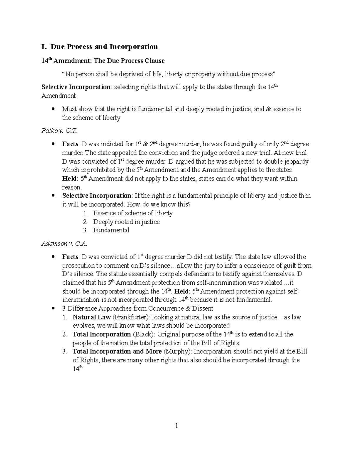 Crim Pro Outline - I. Due Process and Incorporation 14 th Amendment ...