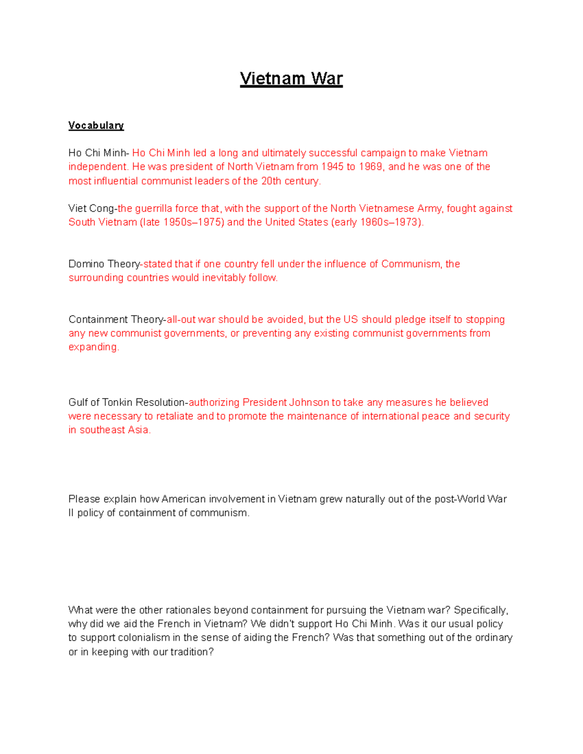 The Vietnam War - Vietnam War Vocabulary Ho Chi Minh- Ho Chi Minh led a ...