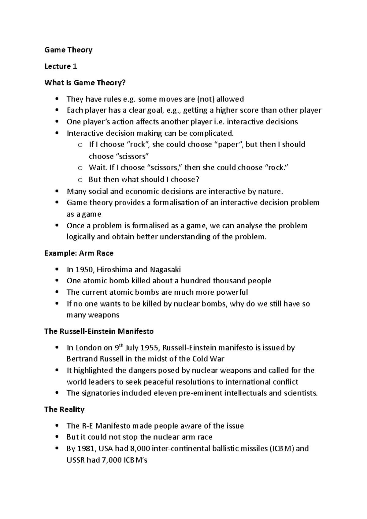 Game Theory Notes - Game Theory Lecture 1 What is Game Theory? They ...