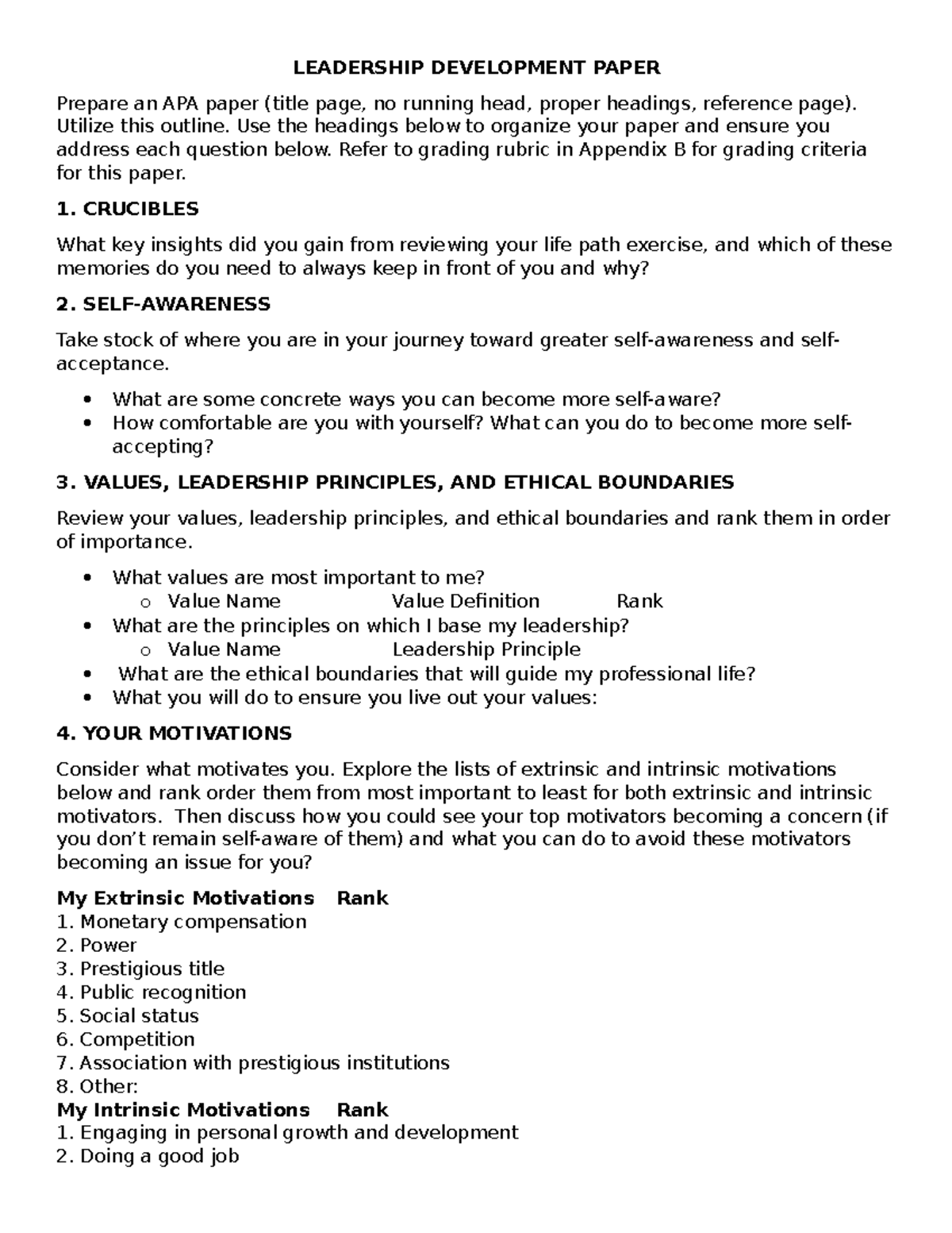 Leadership Development Paper - LEADERSHIP DEVELOPMENT PAPER Prepare an ...