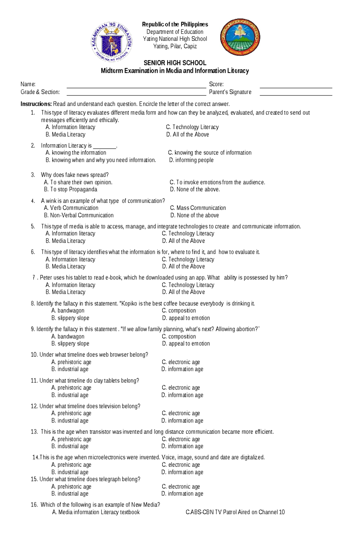 2019 Midterm Exam in MIL - Republic of the Philippines Department of ...