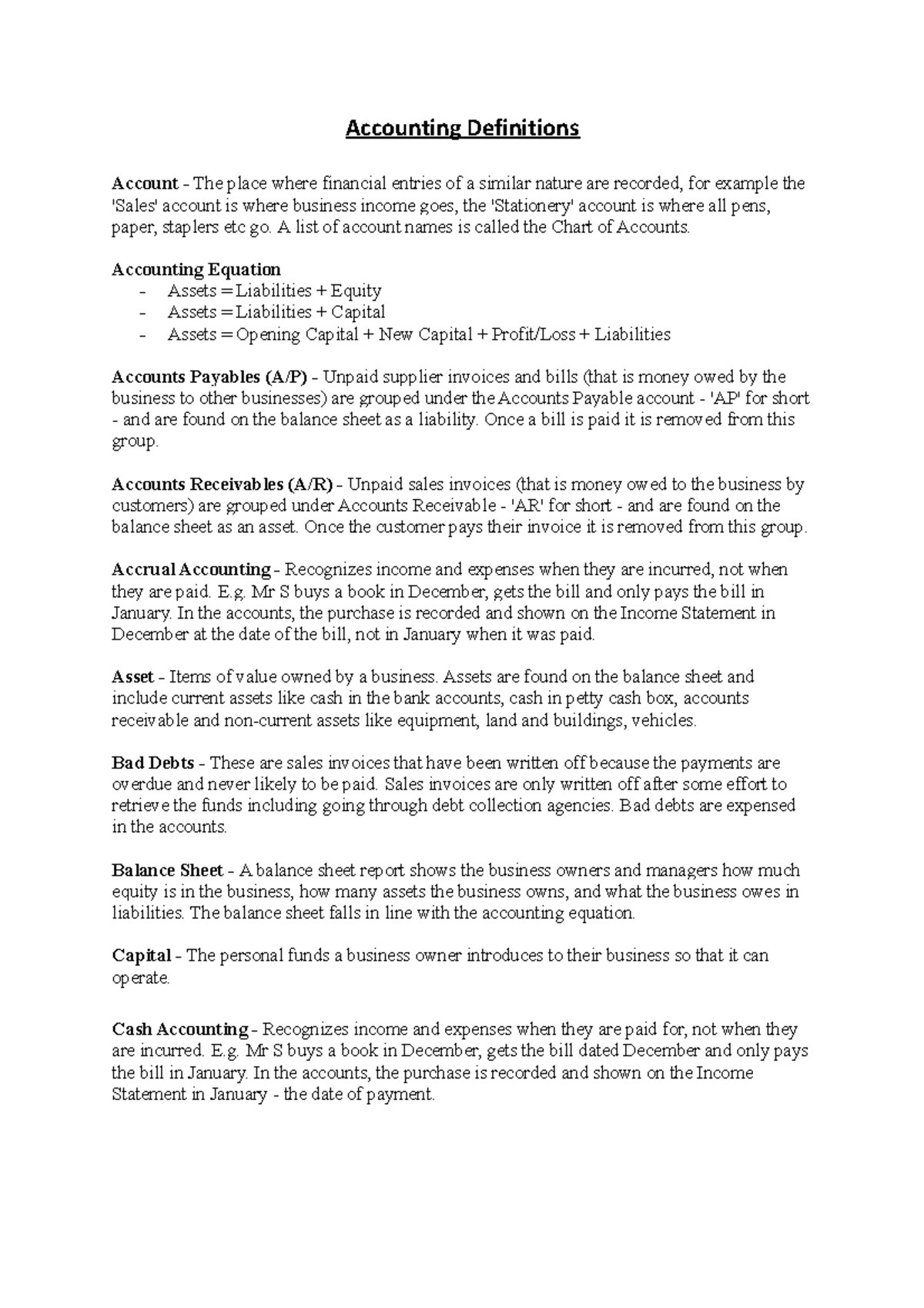 Accounting Definitions - Accounting Definitions Account - The place ...