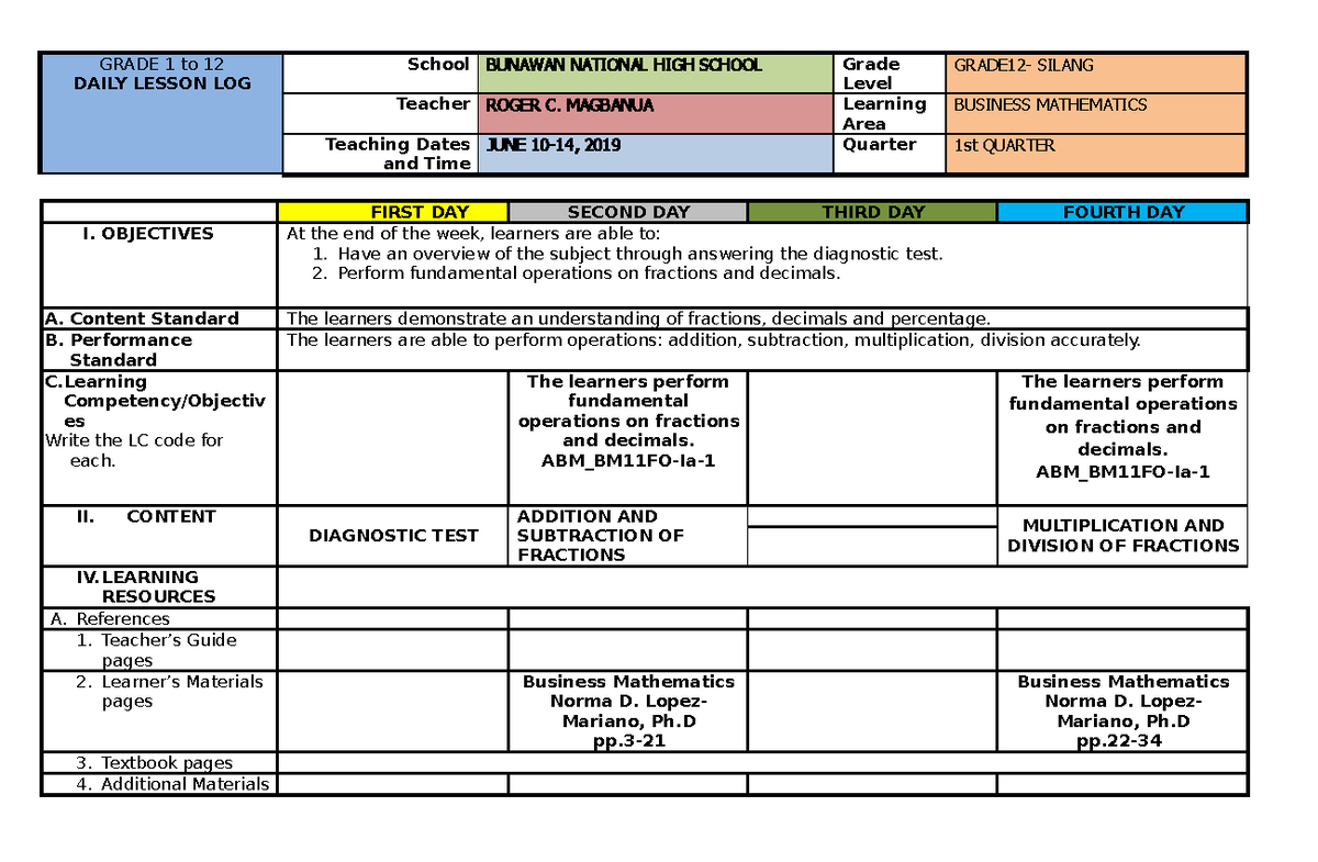 Business Math (2nd Week) - GRADE 1 to 12 DAILY LESSON LOG School ...