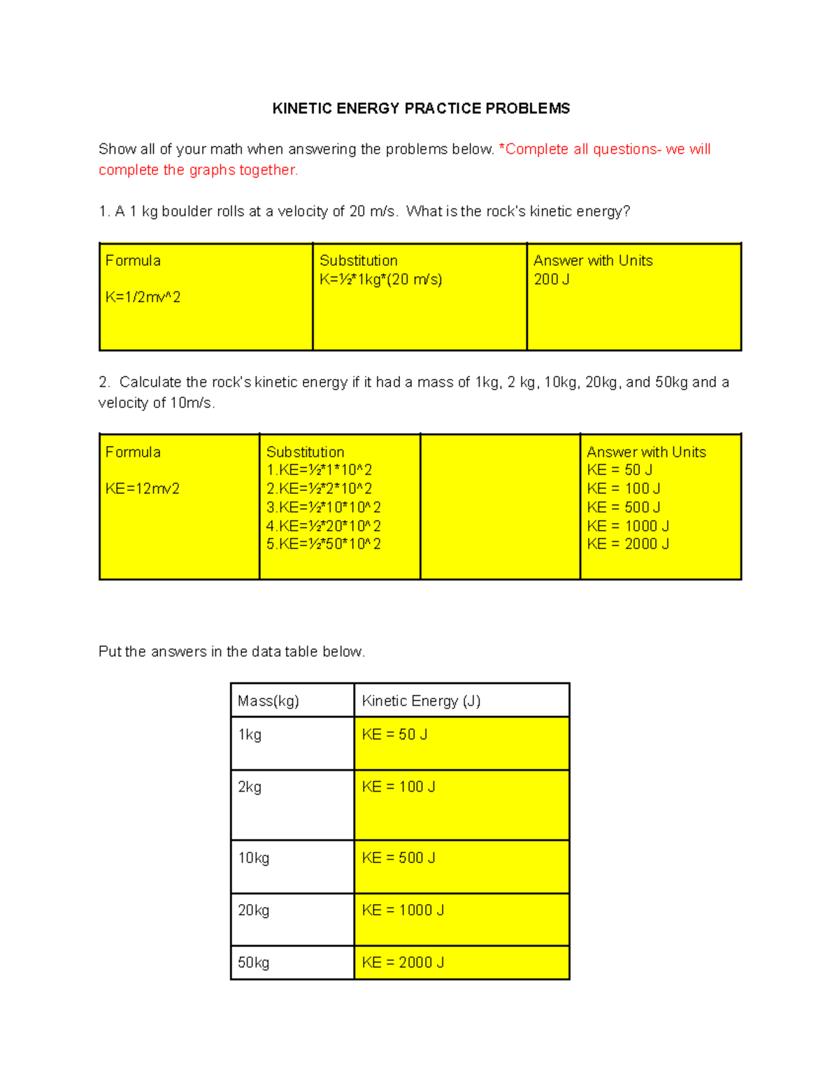 Copy of Copy of Kinetic Energy Practice Problems - KINETIC ENERGY ...