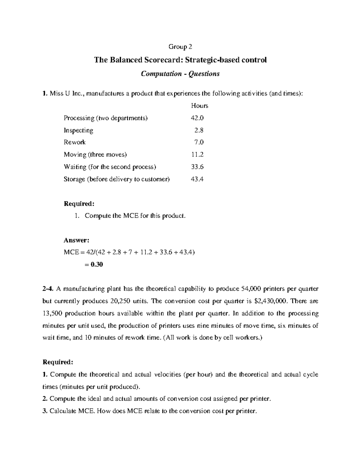 Group 2 - Computation - solutions - Group 2 The Balanced Scorecard ...
