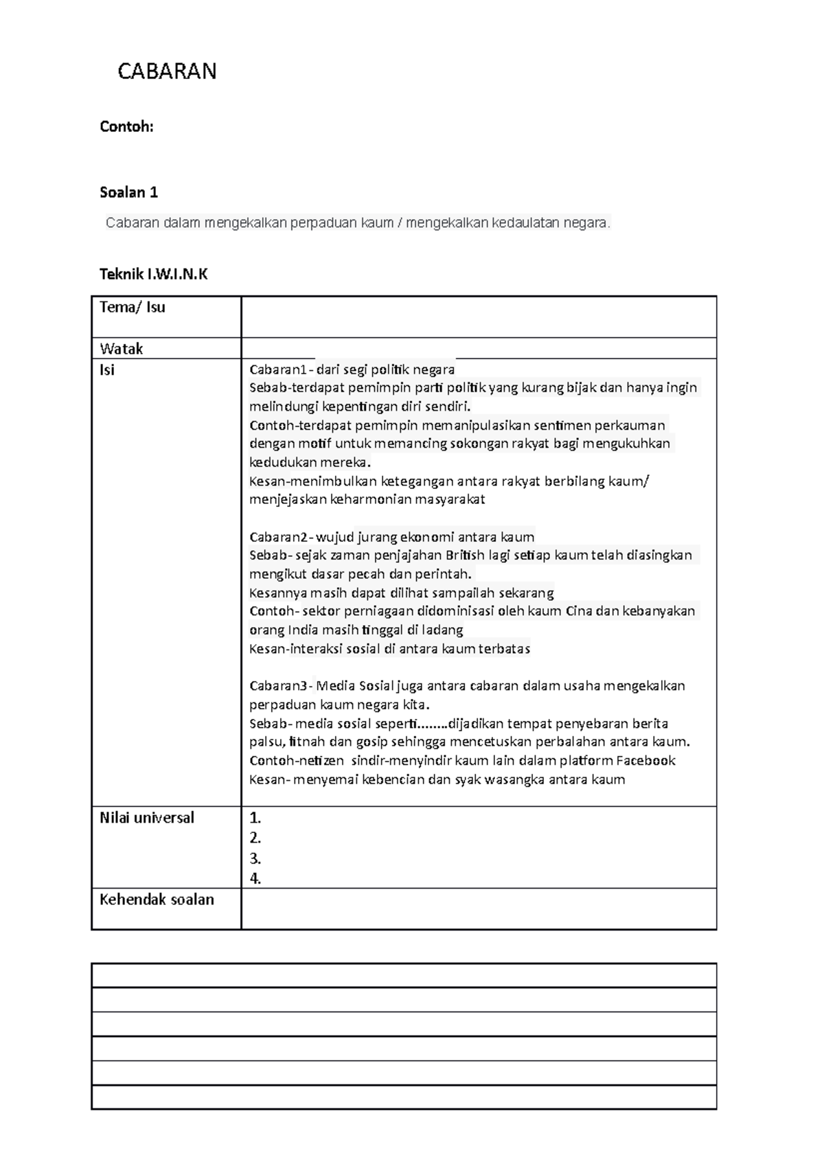 Modul karangan punca - Contoh: Soalan 1 Cabaran dalam mengekalkan perpaduan kaum / mengekalkan ...