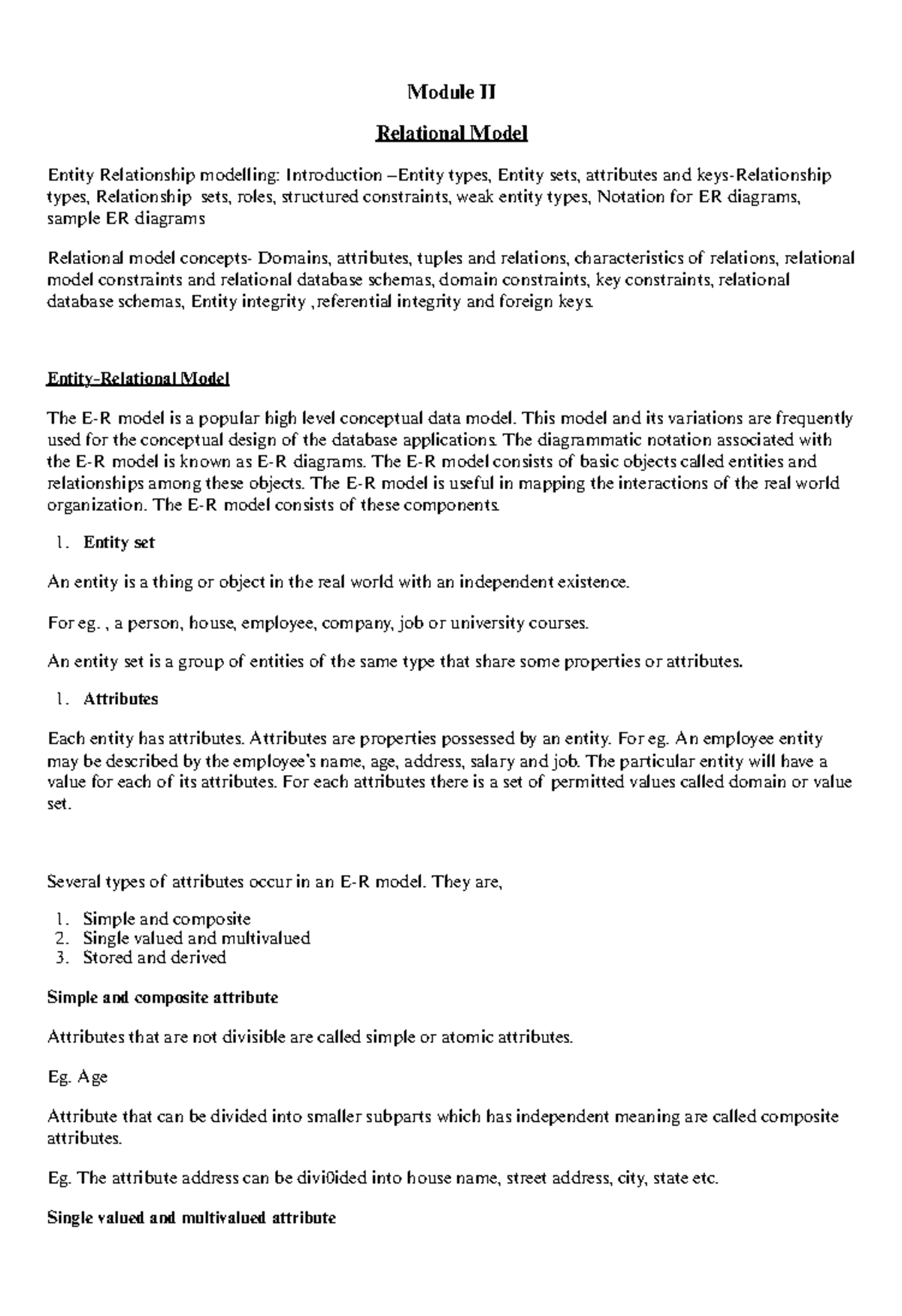Module II - Module II Relational Model Entity Relationship modelling: Introduction –Entity types ...