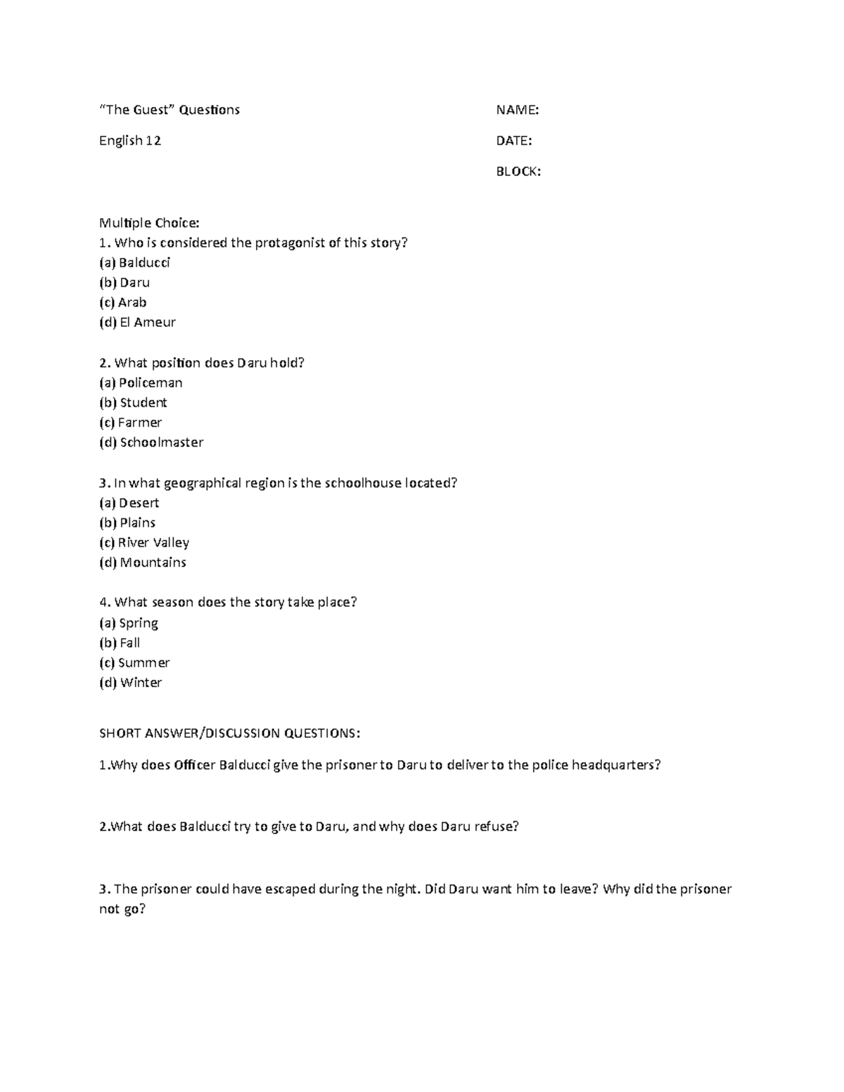 The Guest Questions - “The Guest” Questions NAME: English 12 DATE ...