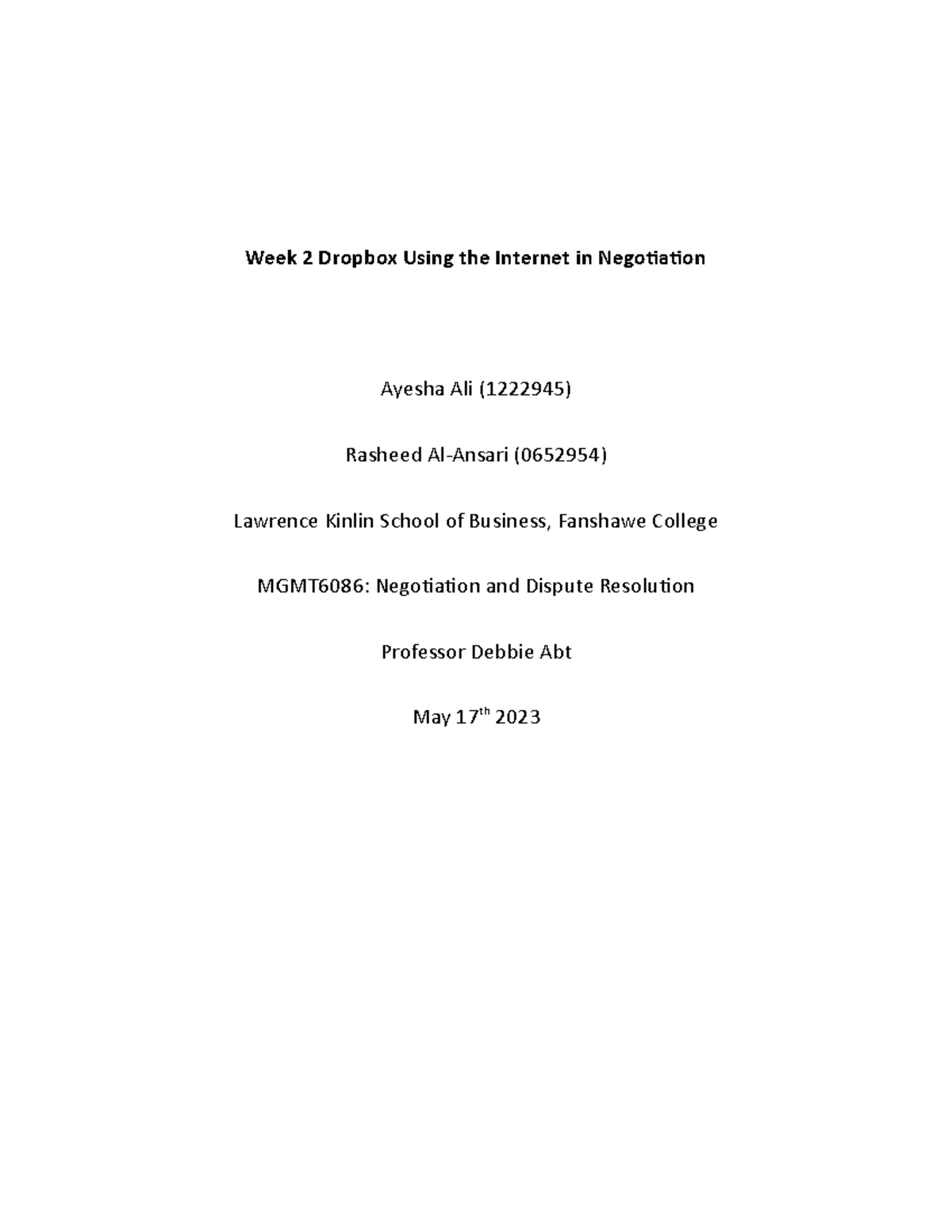 Module 2 Dropbox Activity Using the Internet in Negotiation E - Week 2 ...