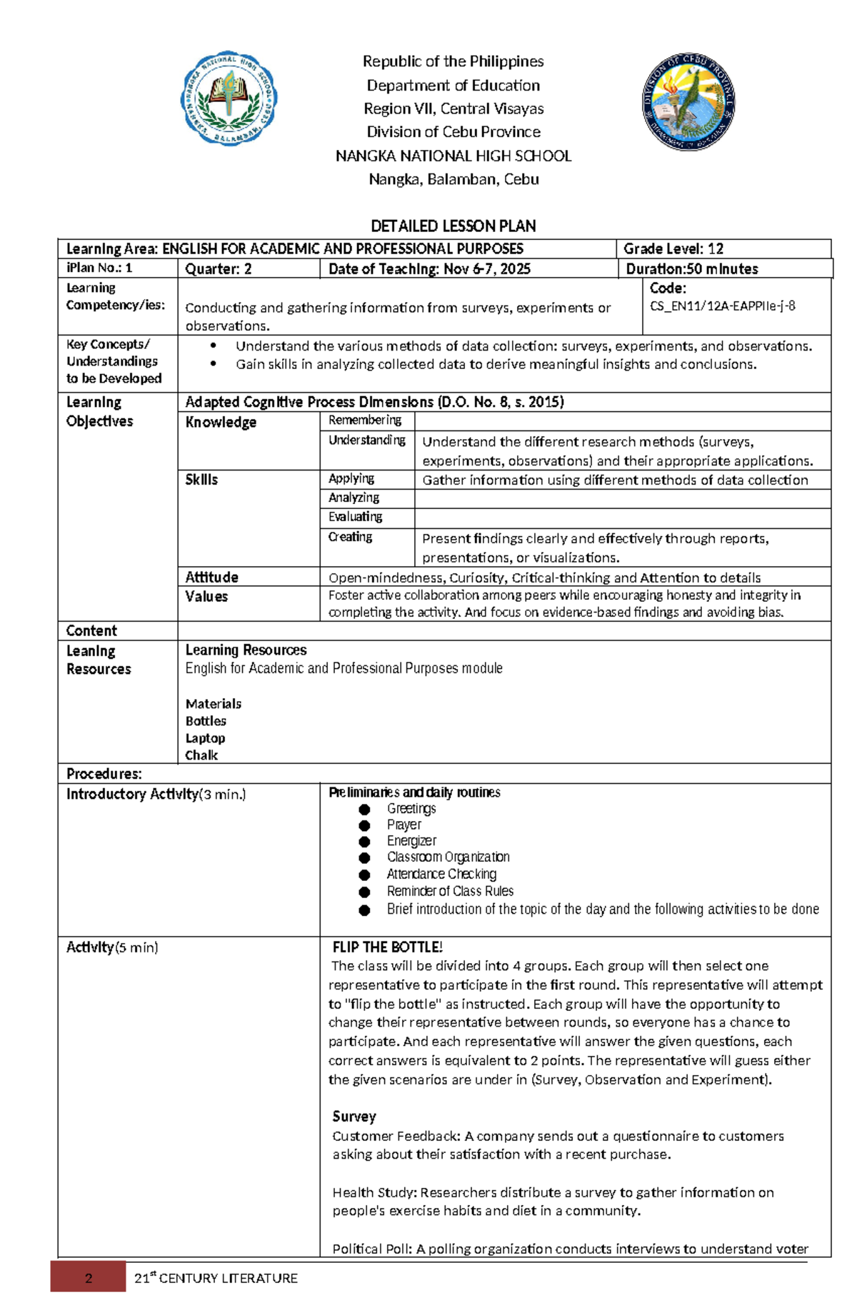 DLP-EAPP ( Survey) - LESSON PLAN FOR EAPP - Republic of the Philippines Department of Education ...