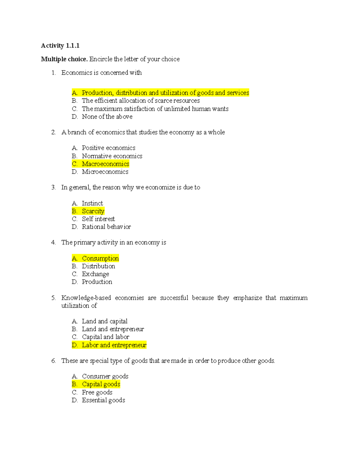 Activity 1 economics Multiple choice. Encircle the letter of your ...