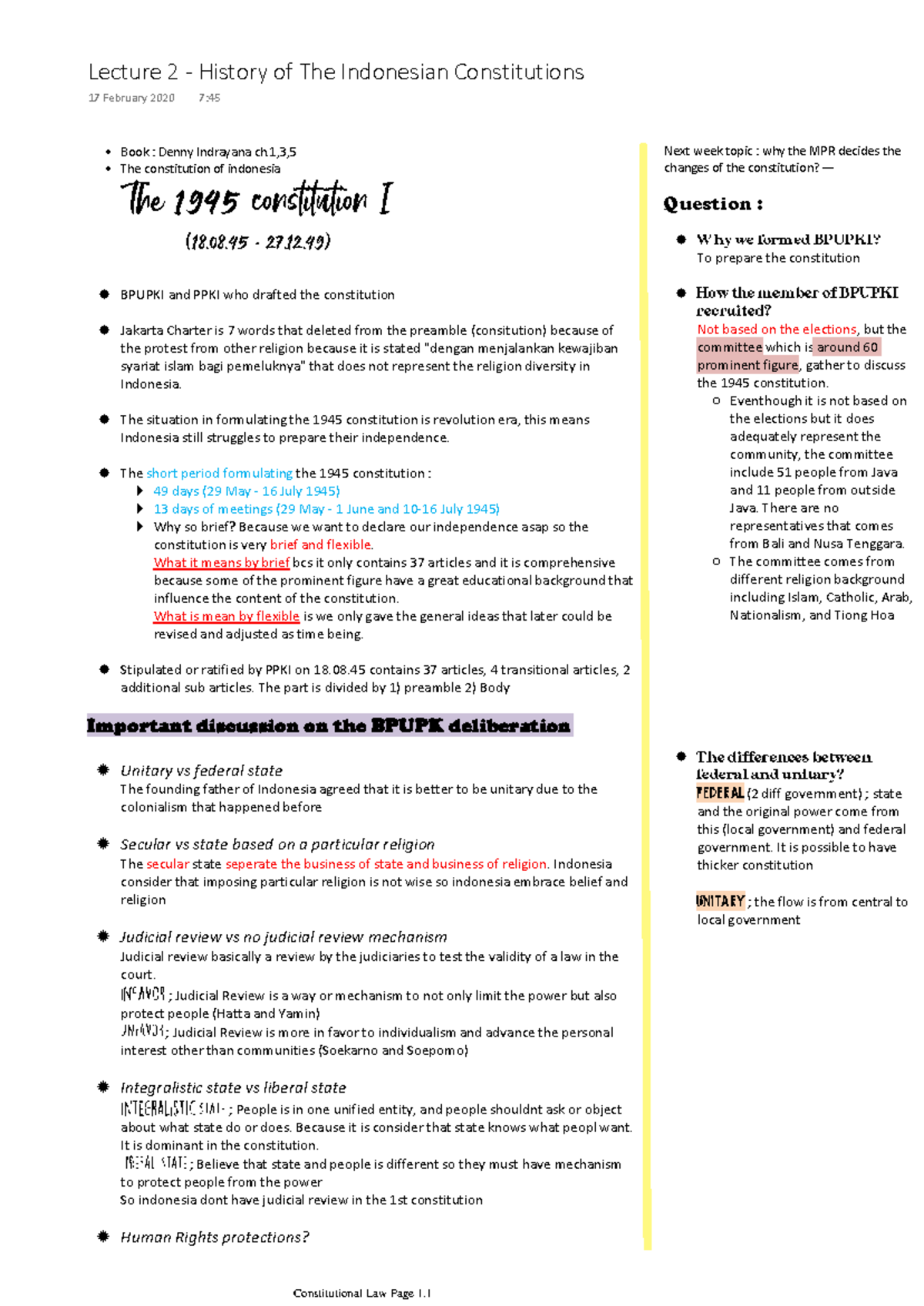 Lecture 2 - History of The Indonesian Constitutions - • Book : Denny ...