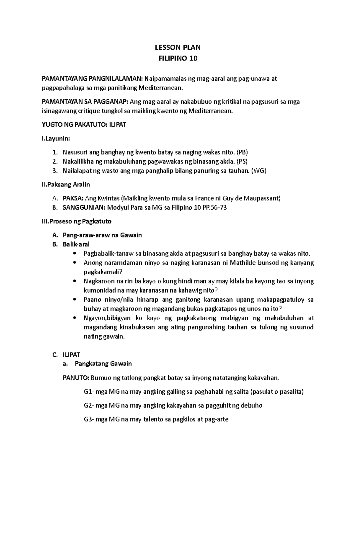 Demo Lesson PLAN in k-12 - LESSON PLAN FILIPINO 10 PAMANTAYANG ...