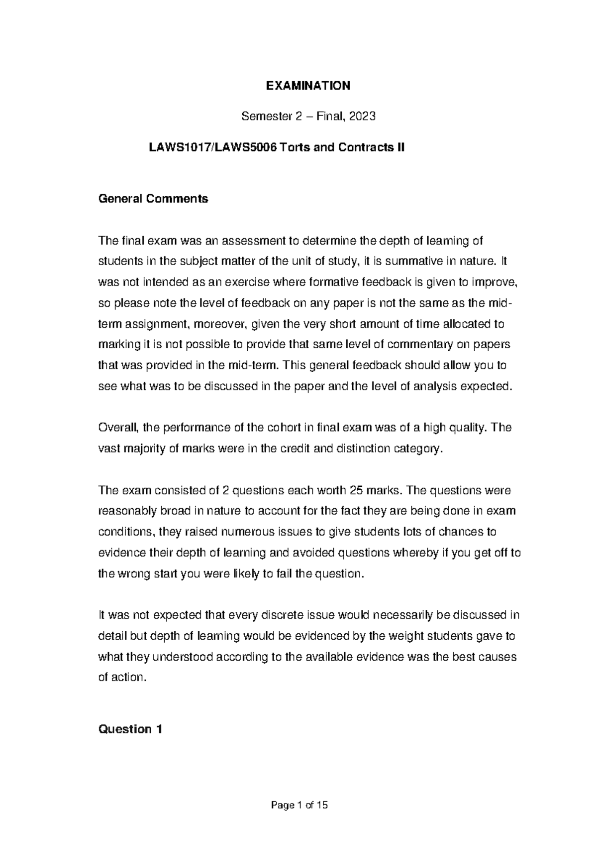 Torts and Contracts II Final Exam General Feedback - EXAMINATION ...
