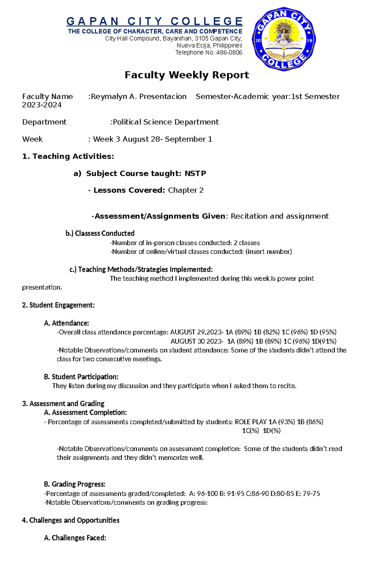 NSTP Weekly Report WEEK 3 - Faculty Weekly Report Faculty Name ...