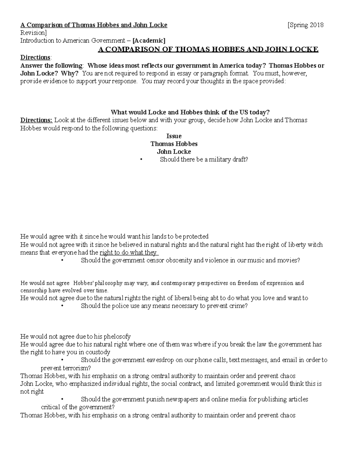 Locke and Hobbes WS - (A Comparison) - A Comparison of Thomas Hobbes ...