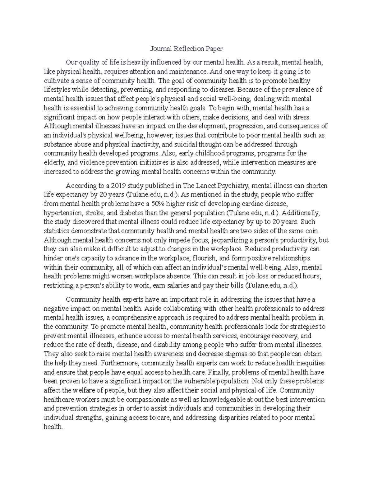Week 9 Journal Reflection paper - Journal Reflection Paper Our quality ...