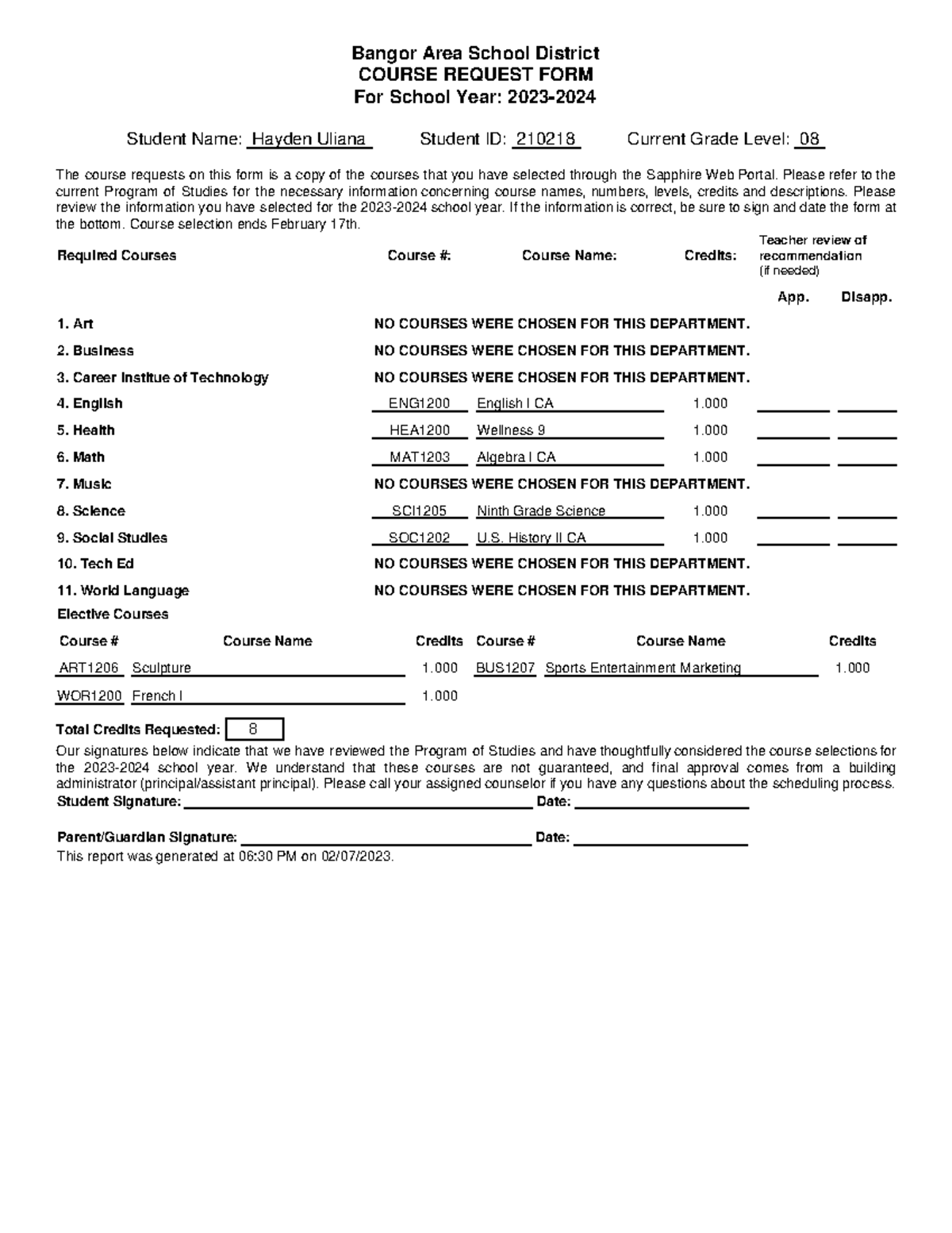 Course Request Form - good - Bangor Area School District COURSE REQUEST ...