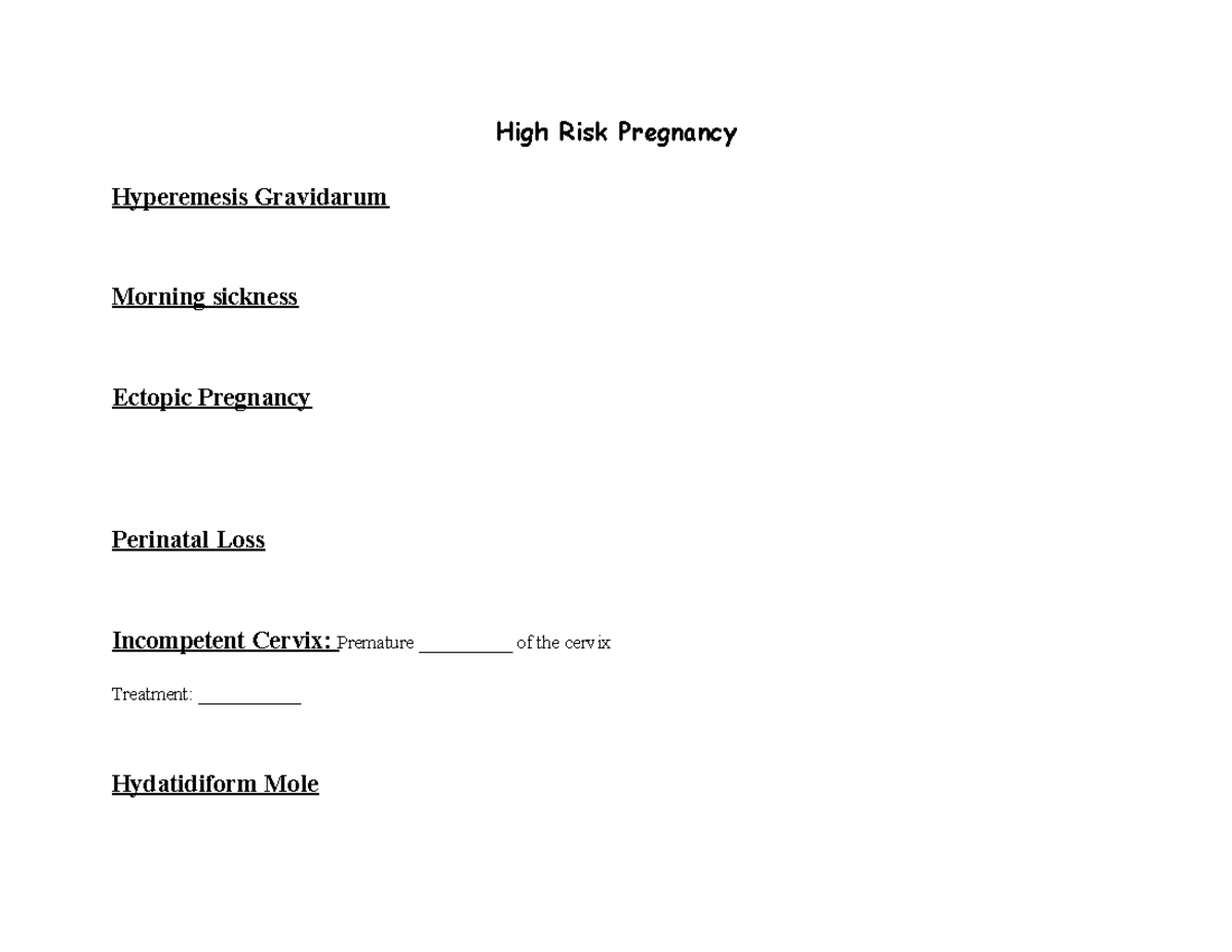High Risk Guided notes Student - High Risk Pregnancy Hyperemesis ...