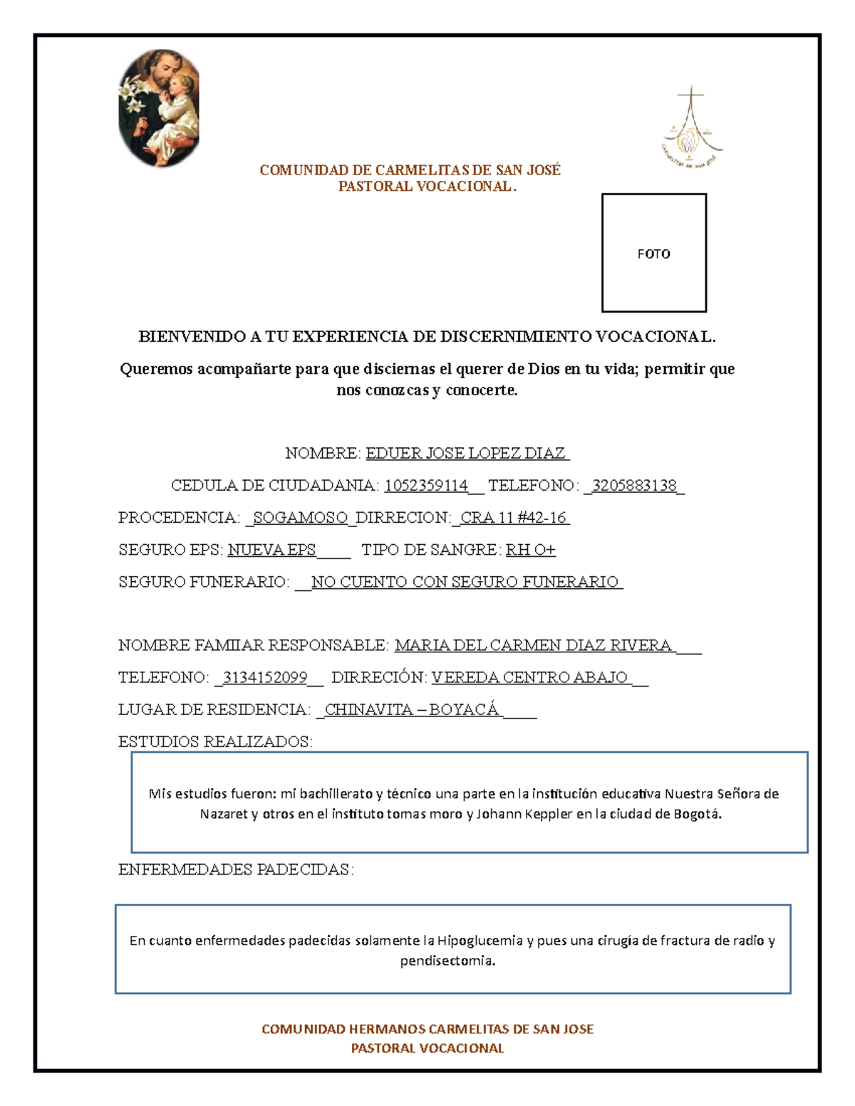 Ficha Promocion Vocacional Eduer Lopez - PASTORAL VOCACIONAL ...