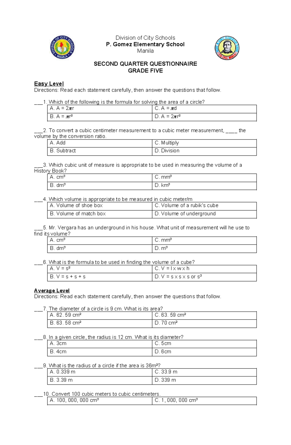 Quiz-Bee Q4-Questionnaire - Division of City Schools P. Gomez ...