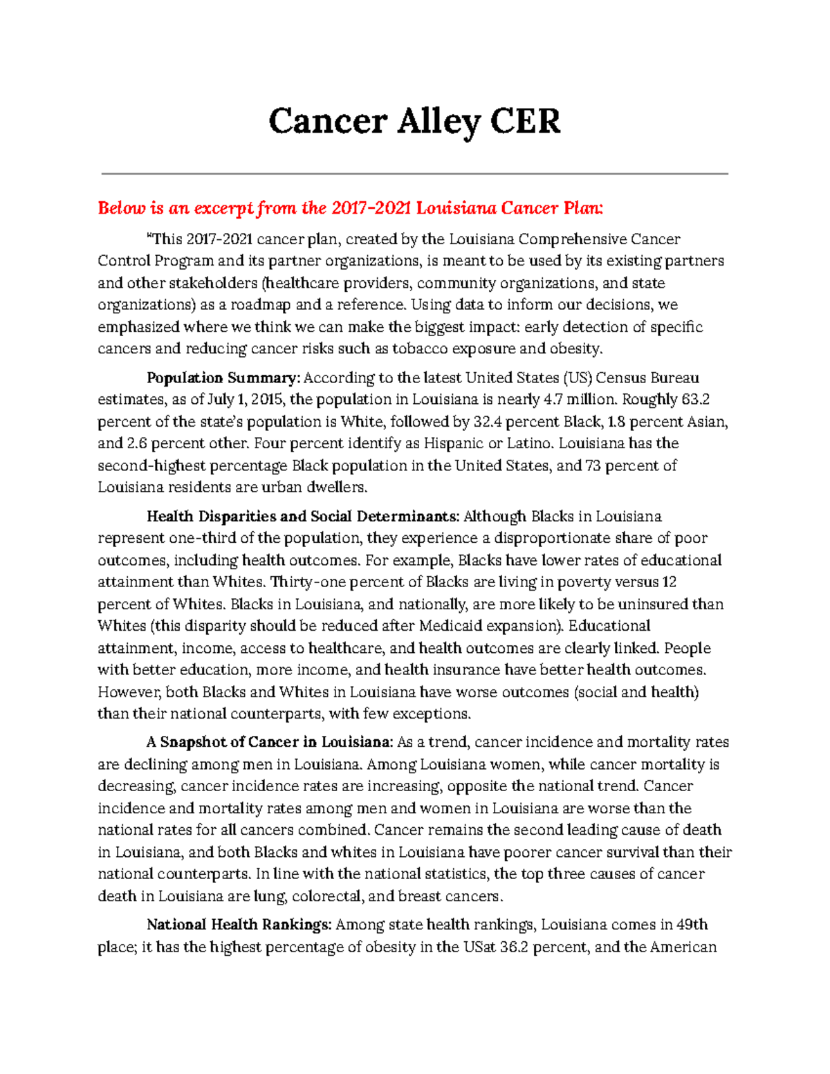 Mya Zoboroski-Thomas - Cancer Alley CER - Cancer Alley CER Below is an ...