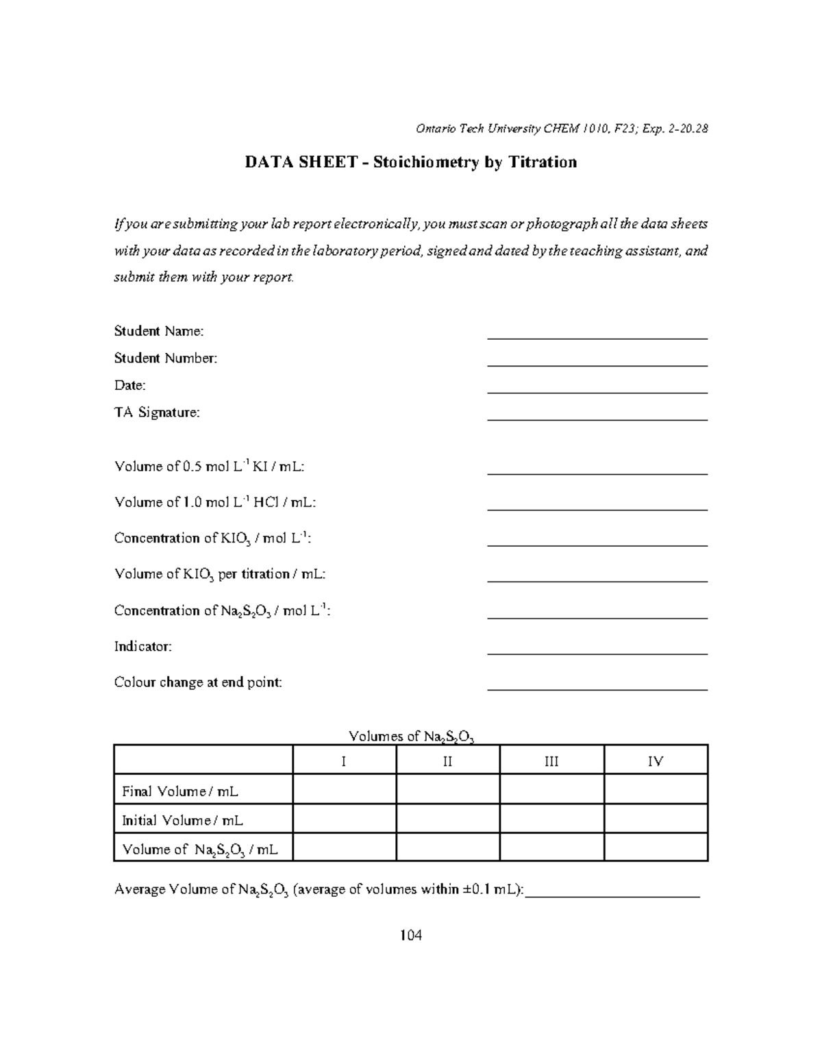 Chem Lab 2 Data Sheet - Ontario Tech University CHEM 1 010 , F2 3 ; Exp ...