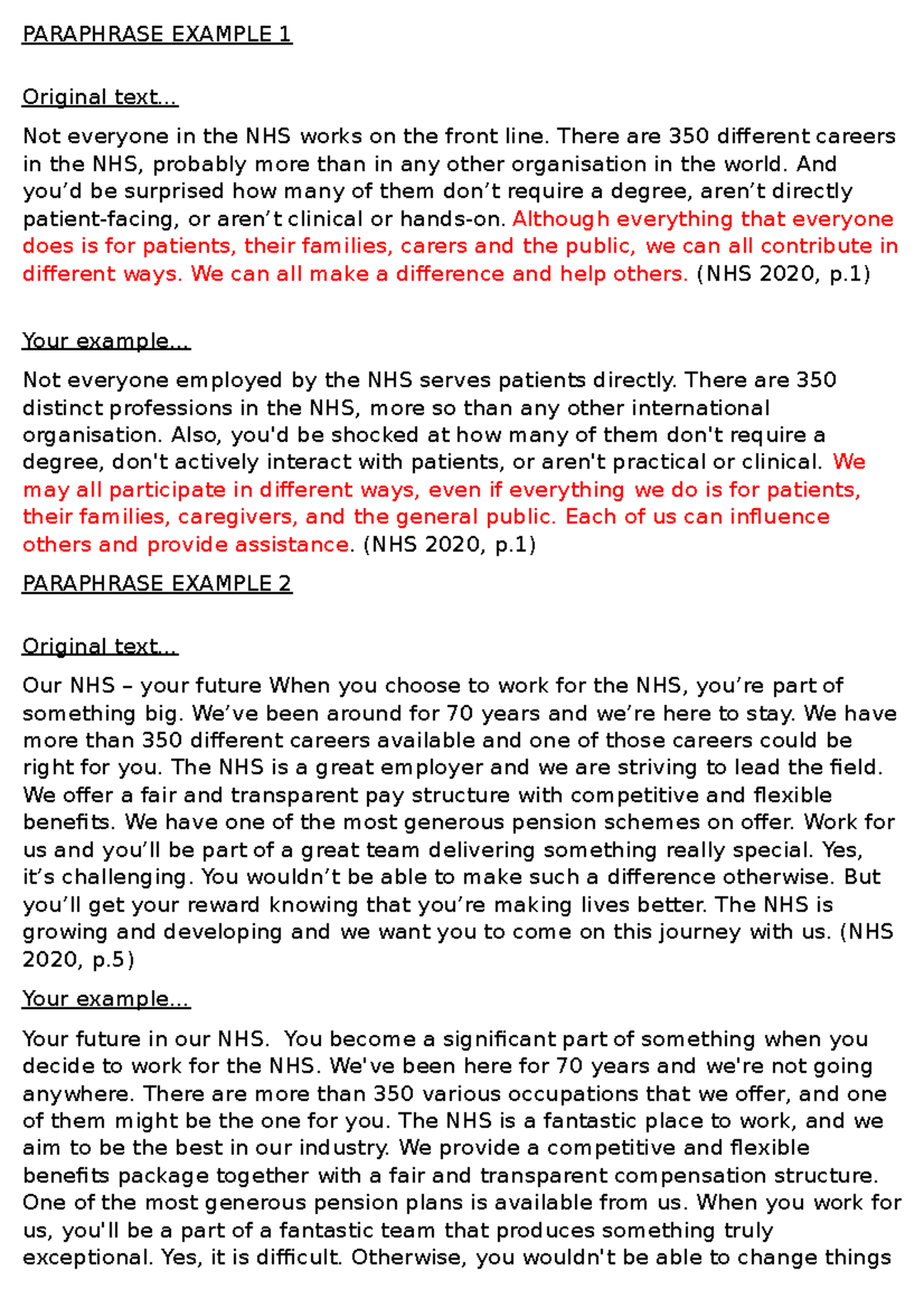 Academic writing - Resubmit - PARAPHRASE EXAMPLE 1 Original text... Not ...