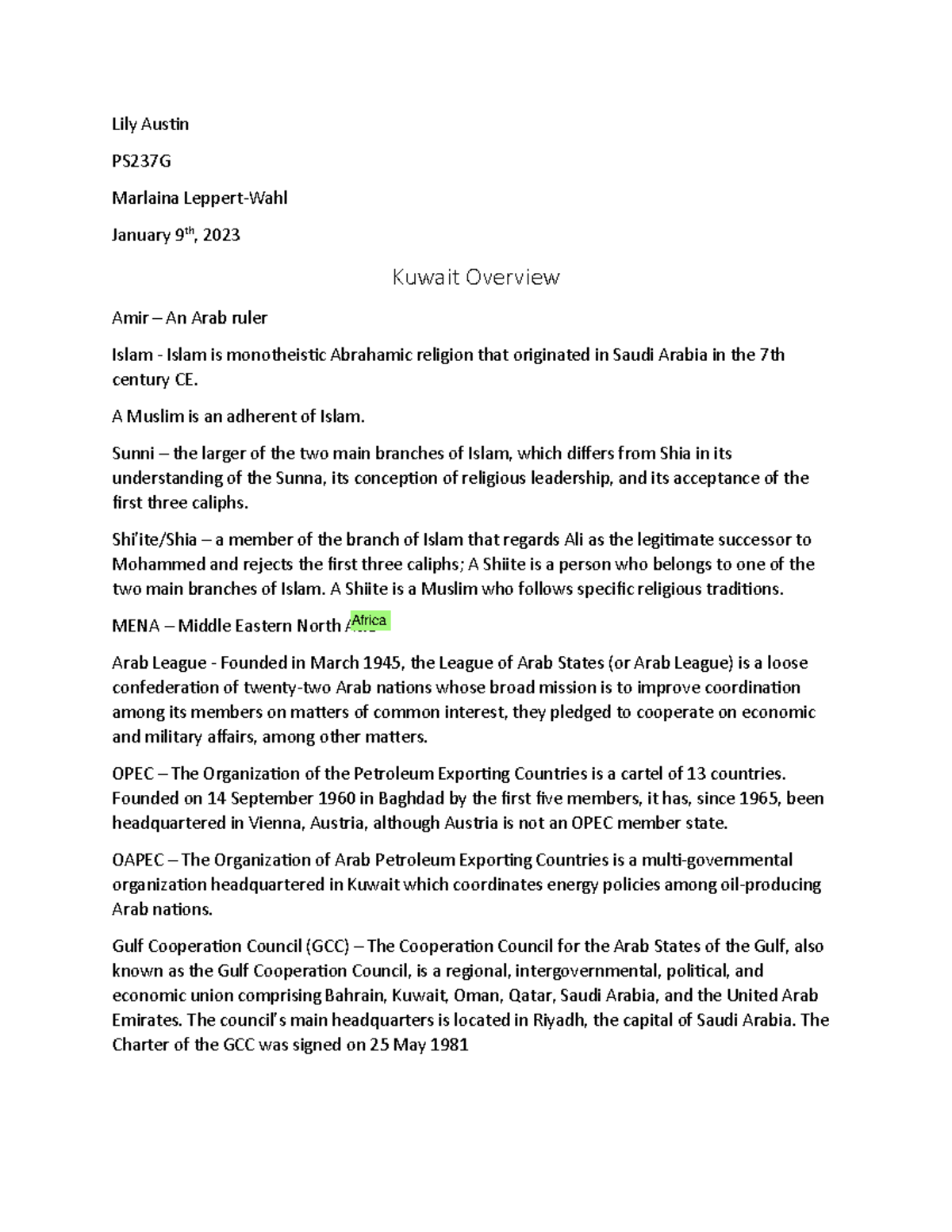 Kuwait Overview Model Arab League - Lily Austin PS237G Marlaina Leppert ...