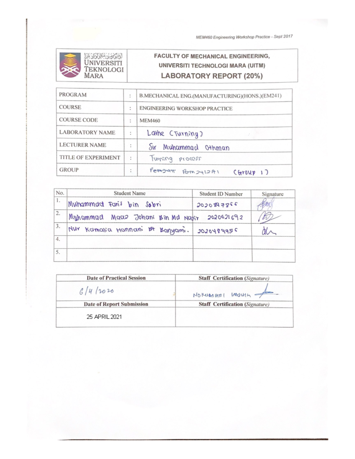 LAB Report Turning Process - MEM460 Engineering Workshop Practice ...