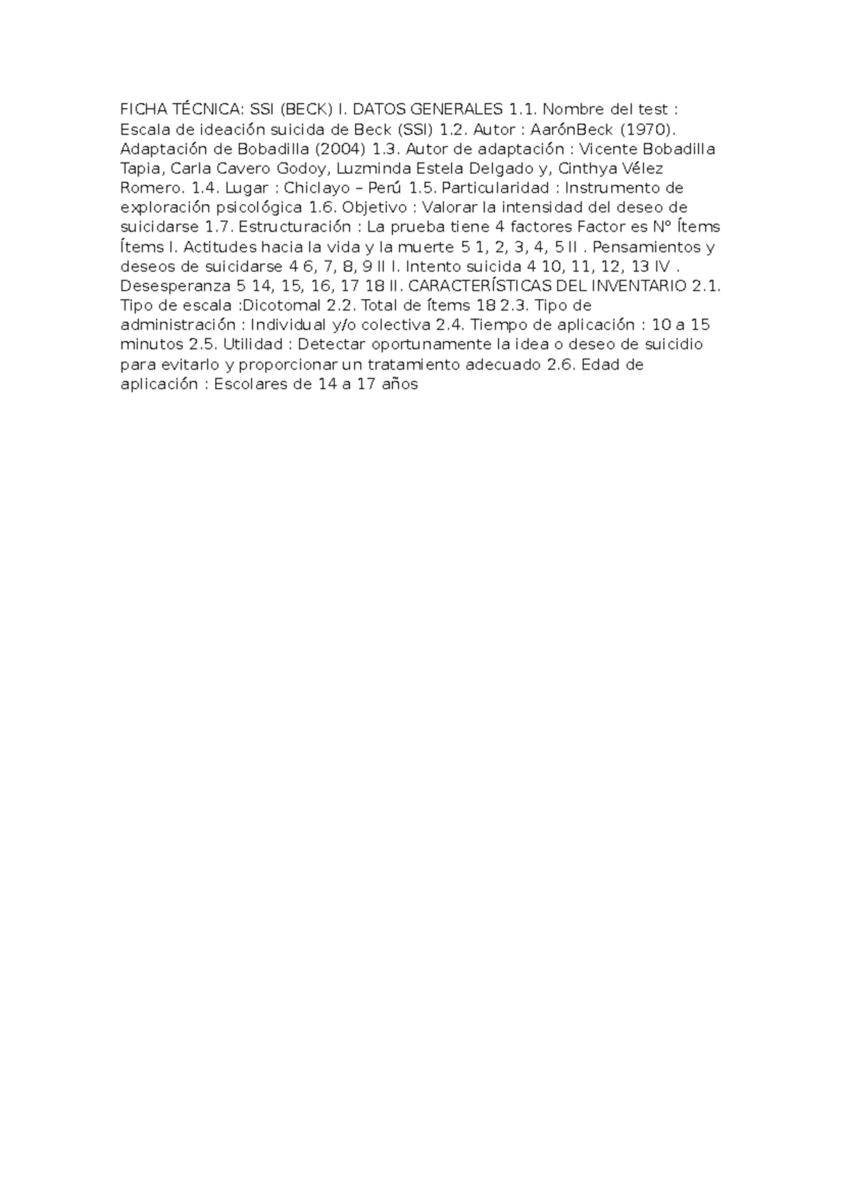 Ficha Demografica - FICHA TÉCNICA: SSI (BECK) I. DATOS GENERALES 1 ...