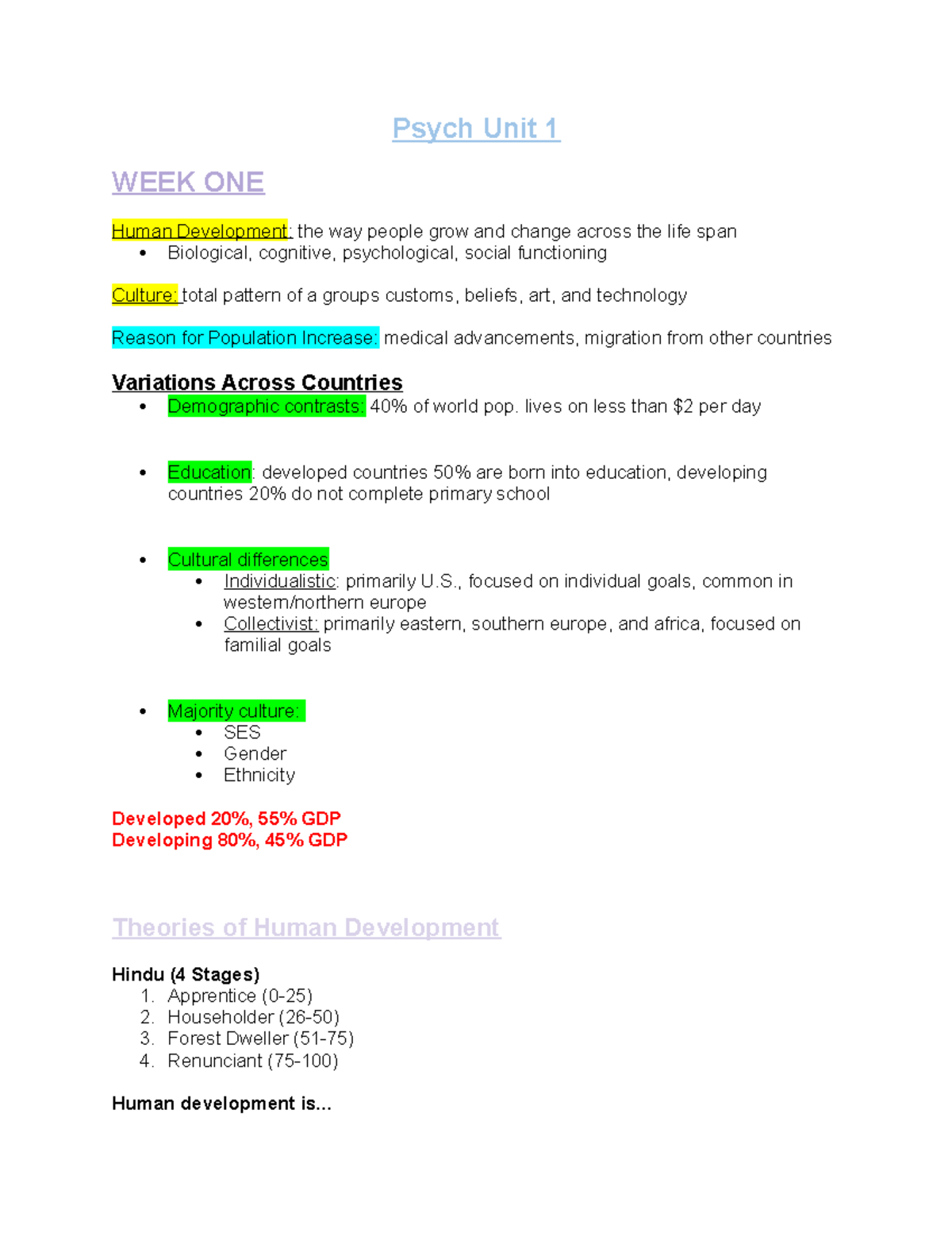 Psych Unit 1 - Detailed notes on human development basics, cultures ...