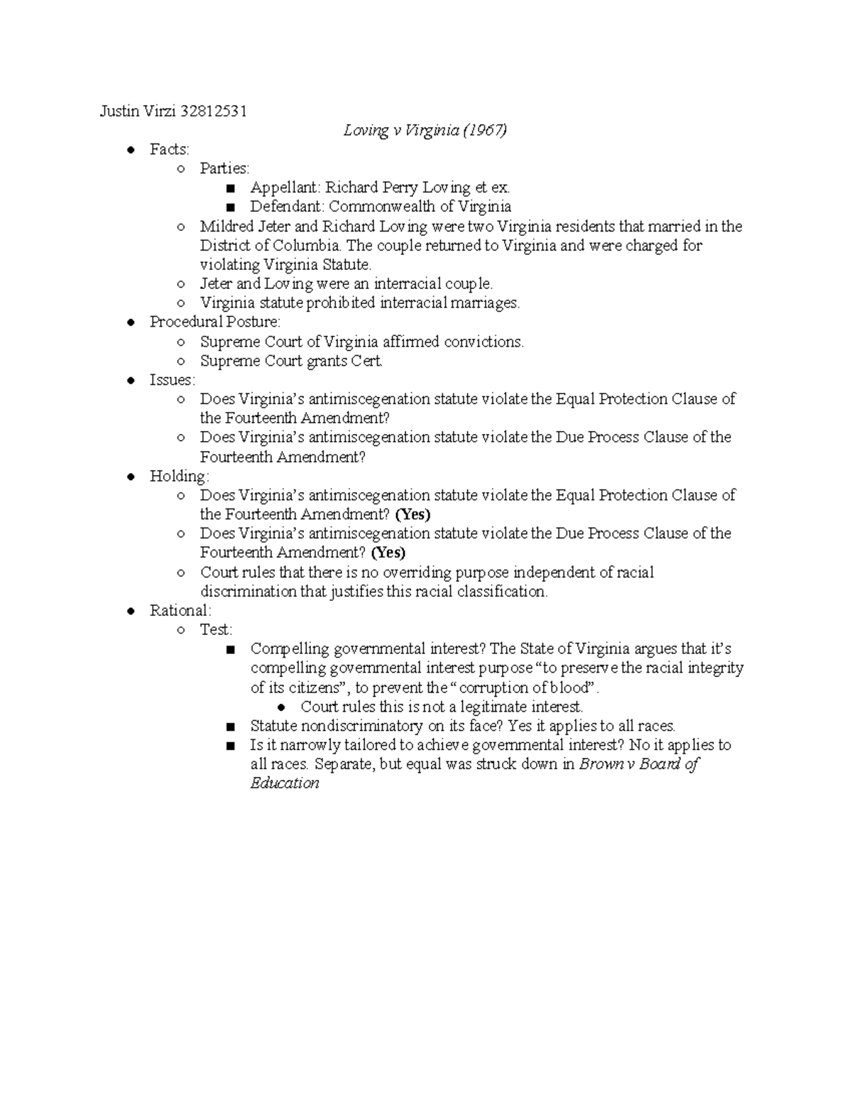 Loving v Virginia (1967) - Justin Virzi 32812531 Loving v Virginia ...