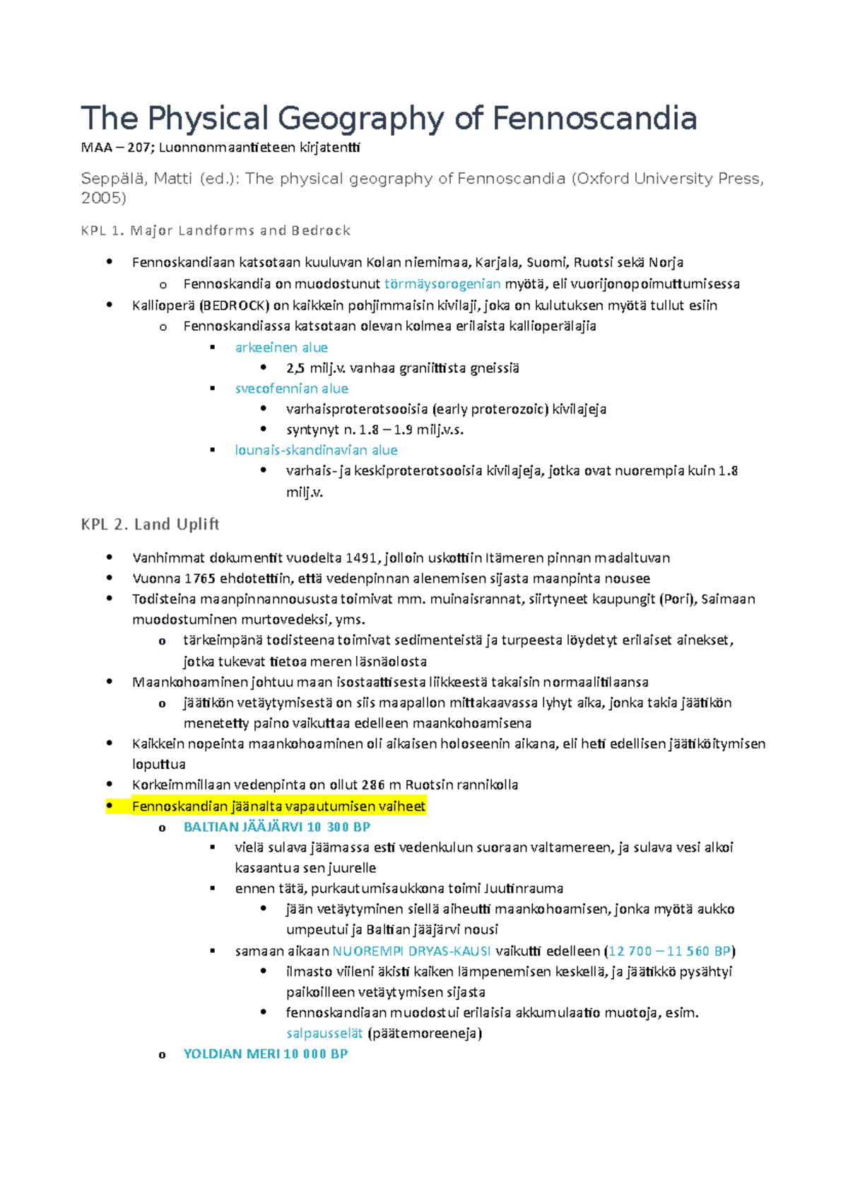 Fennoscandia kirjan muistiinpanot osa 1, kpl 1-5 - The Physical ...