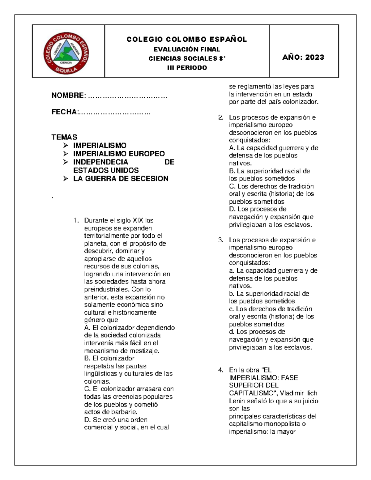 Examen 8to grado sociales tercer periodo - NOMBRE ...