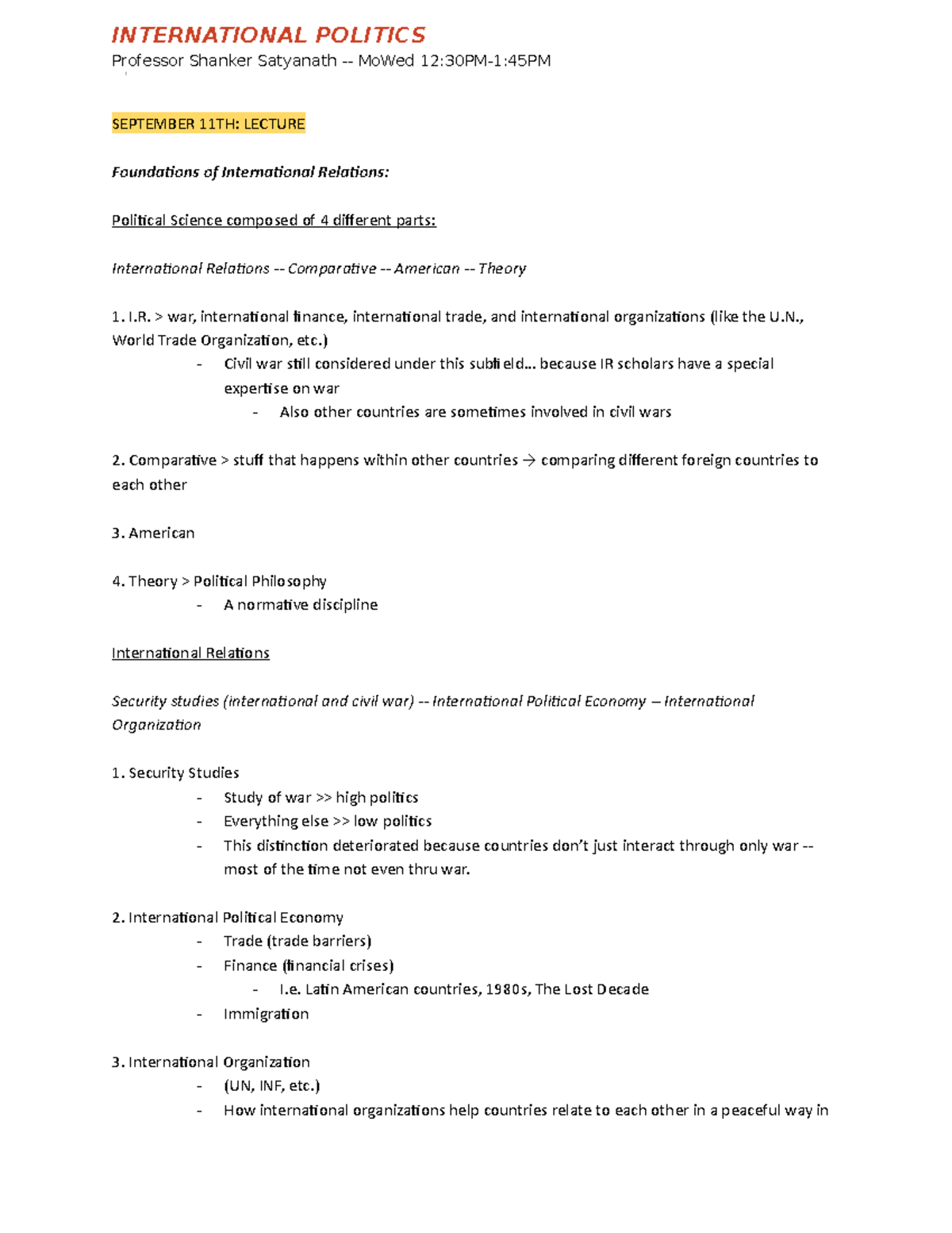 International Politics Notes - Professor Shanker Satyanath - MoWed 12 ...