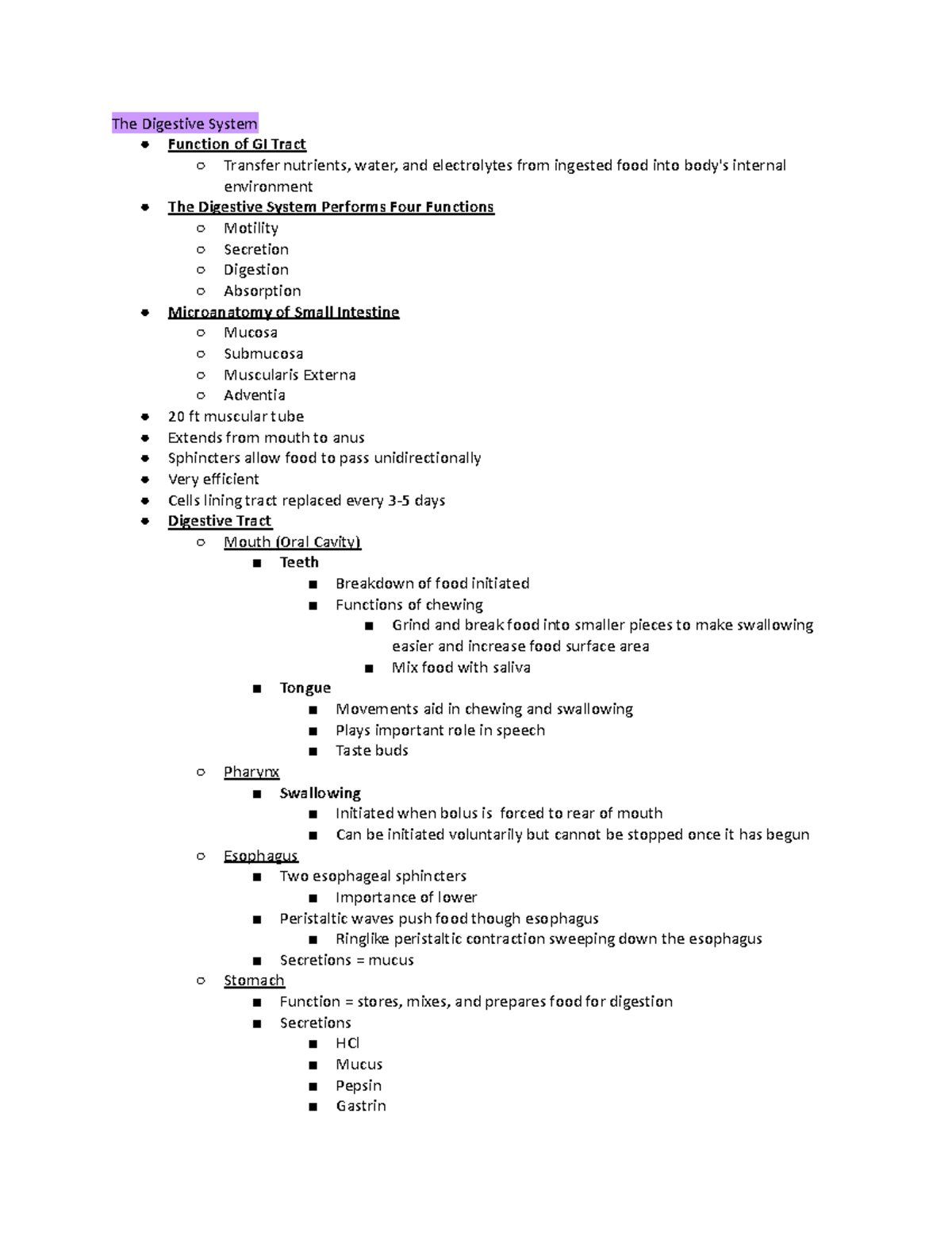 Ch. 18 notes - The Digestive System Function of GI Tract Transfer ...