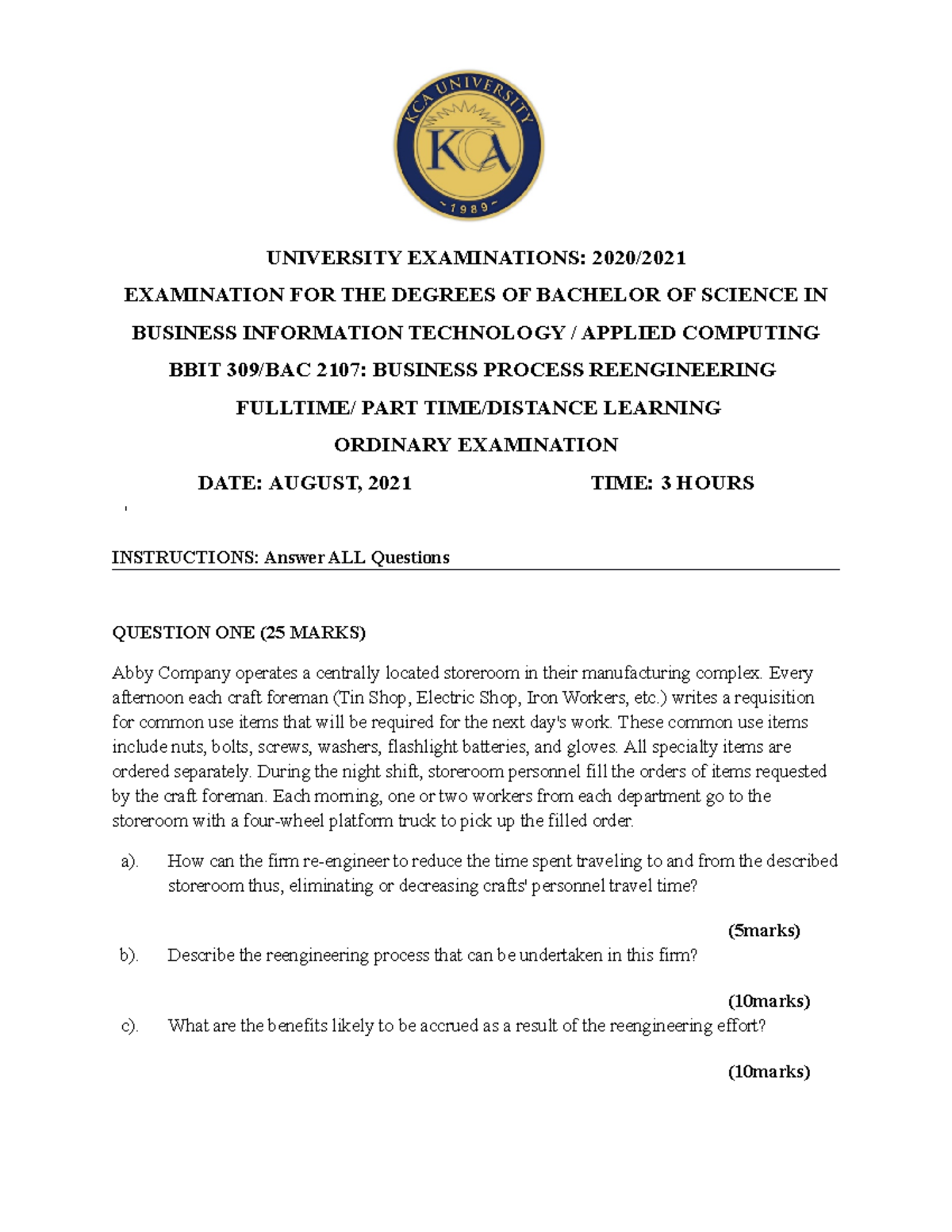 BBIT 309 BAC 2107 Business Process Reengineering - Object Oriented - KCAU - Studocu