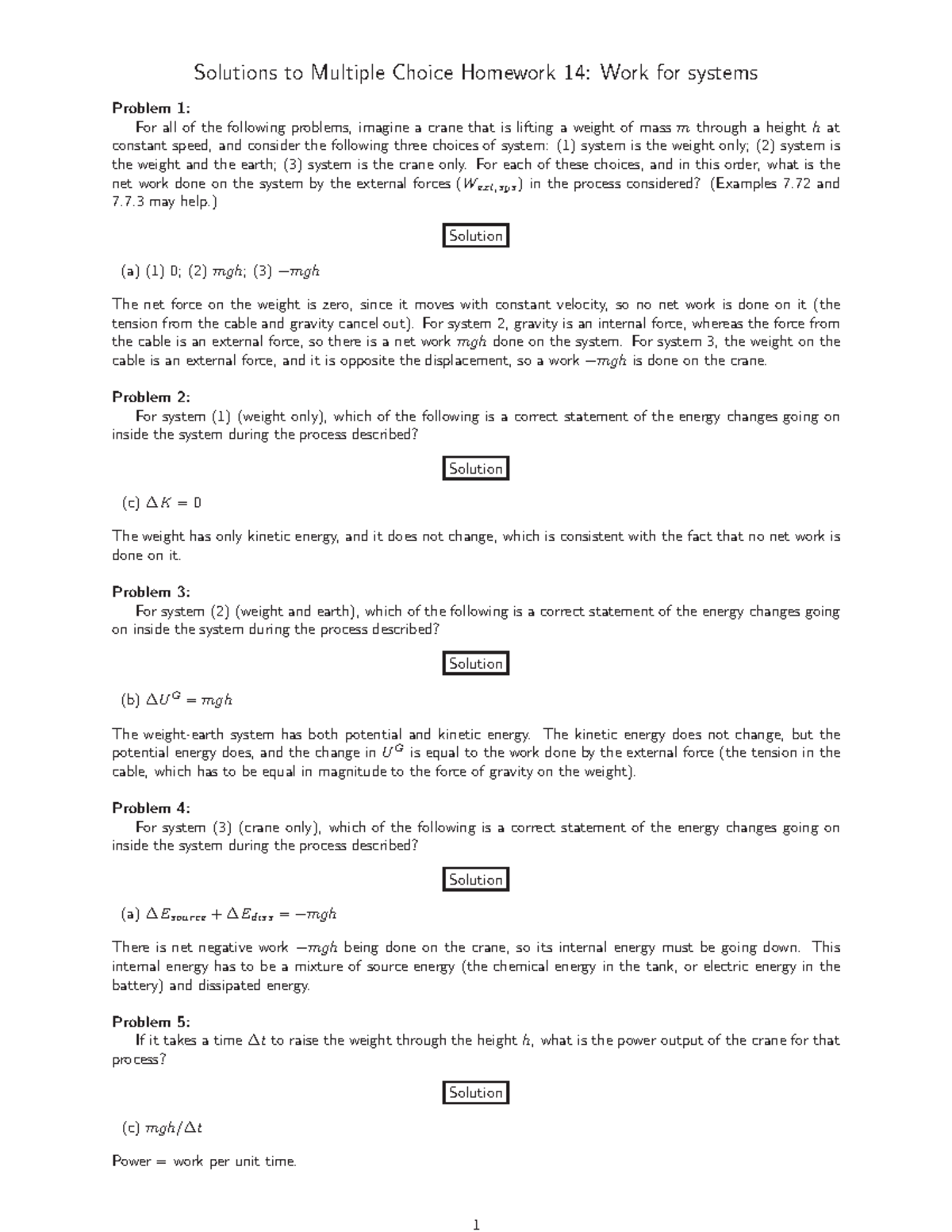 MC HW 14 Solutions - extra practice - Solutions to Multiple Choice Homework 14: Work for systems ...