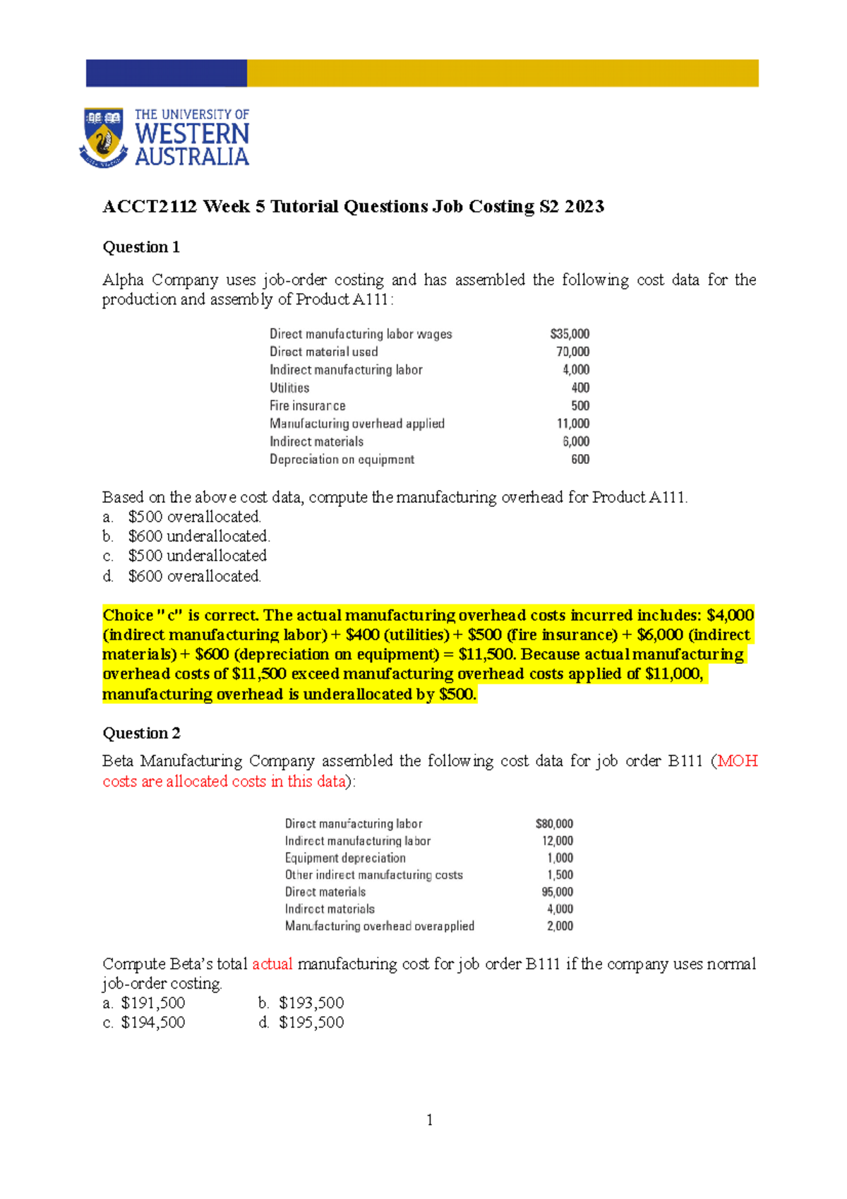 5 ACCT2112 Week 5 Tute Qns Job Costing S2 2023 - ACCT2112 Week 5 ...