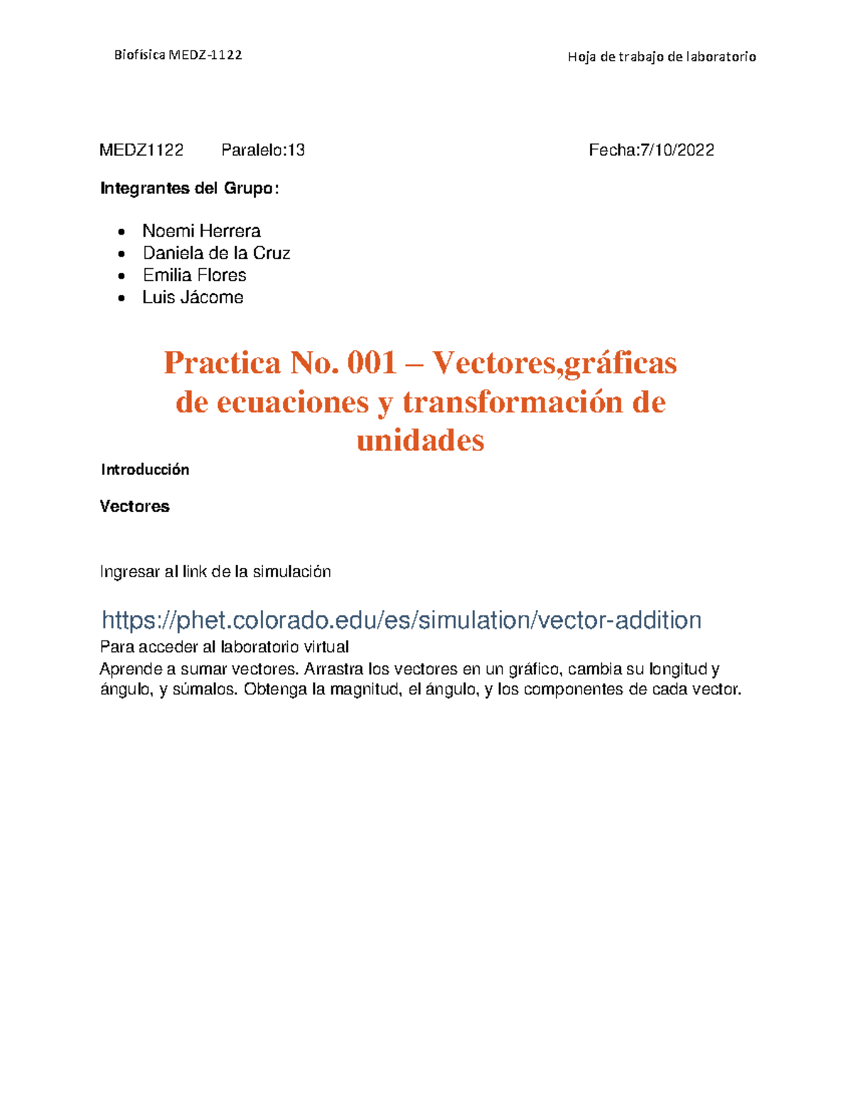 Deber de fisica practica 1 - Hoja de trabajo de laboratorio MEDZ1122 ...
