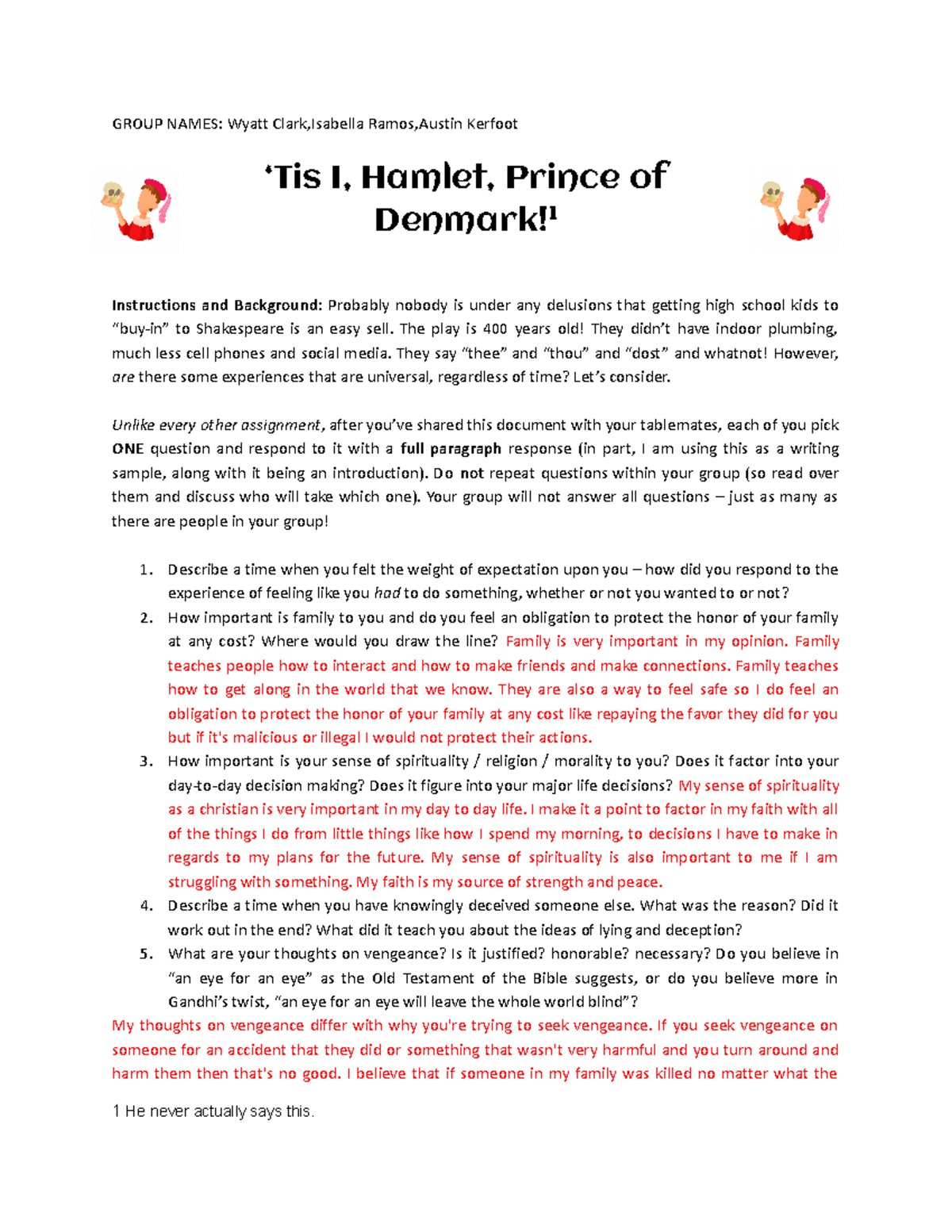 ‘Tis I, Hamlet, Prince of Denmark - GROUP NAMES: Wyatt Clark,Isabella ...