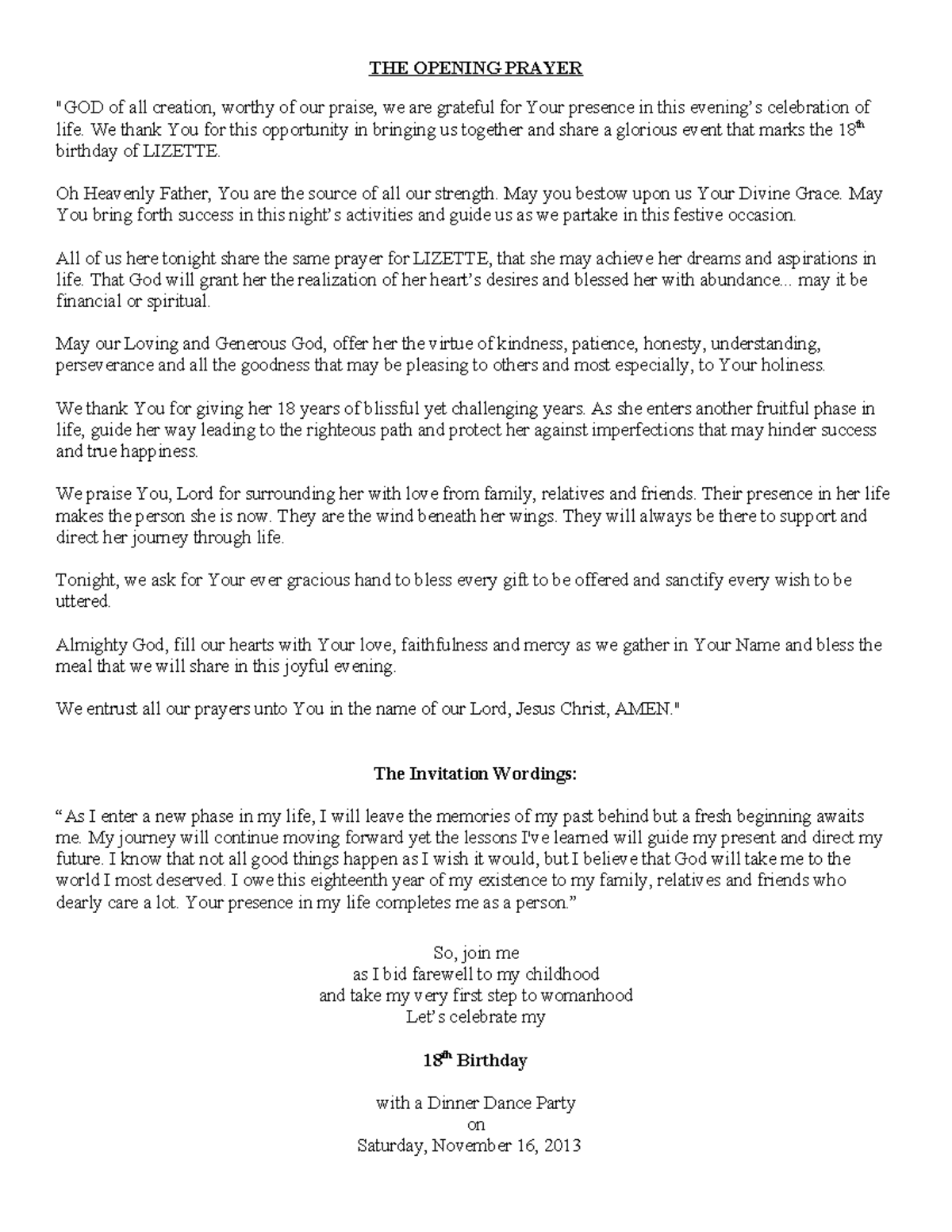 Sample Program OF Debut PART - THE OPENING PRAYER "GOD of all creation ...