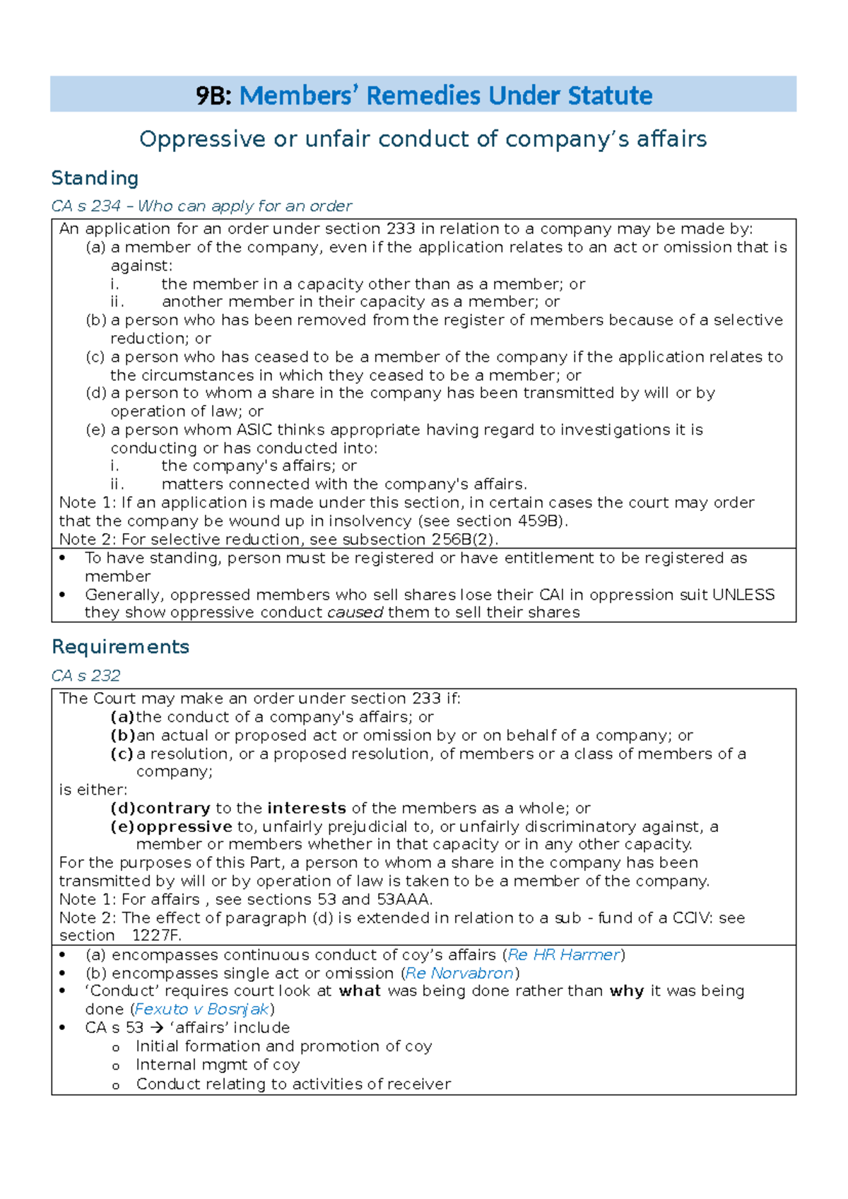 BA Class 9B Notes - 9B: Members’ Remedies Under Statute Oppressive or ...