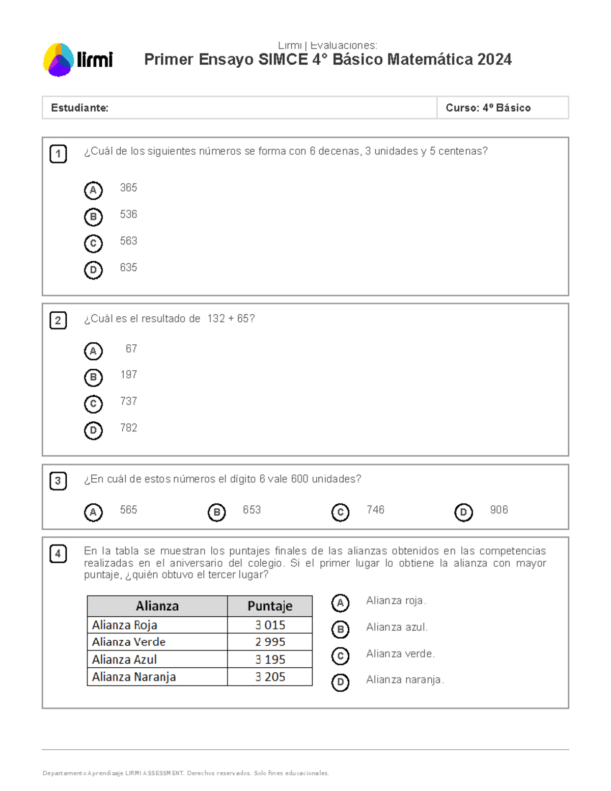 Primer ensayo simce 4 basico matematica 2024 5593858 - Lirmi | Evaluaciones: Primer Ensayo SIMCE ...
