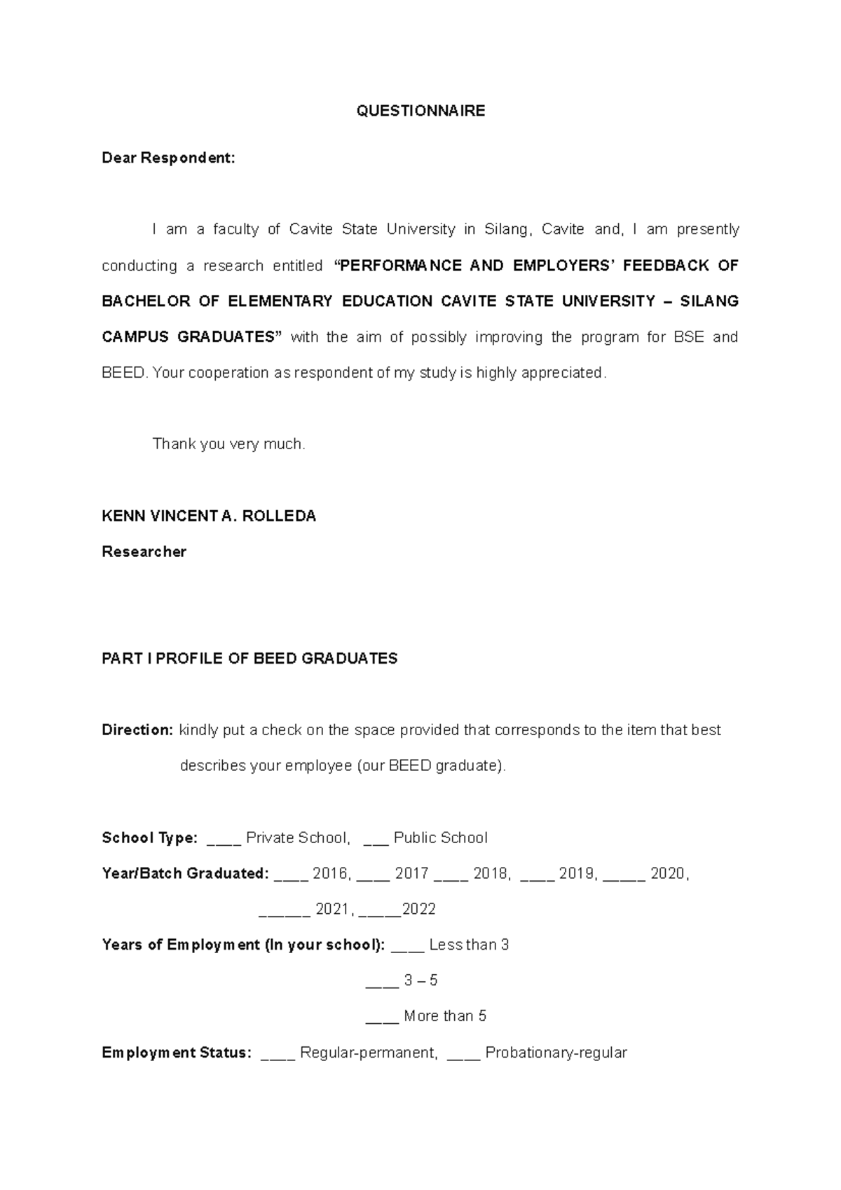 Questionnaire - Sample - QUESTIONNAIRE Dear Respondent: I am a faculty ...