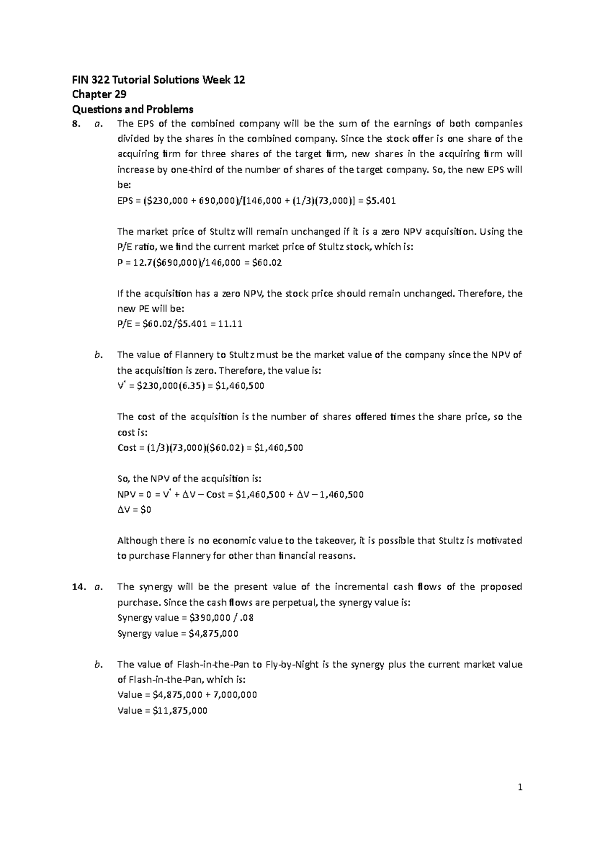 FIN 322 Tutorial Solutions Week 12 - FIN 322 Tutorial Solutions Week 12 Chapter 29 Questions and ...